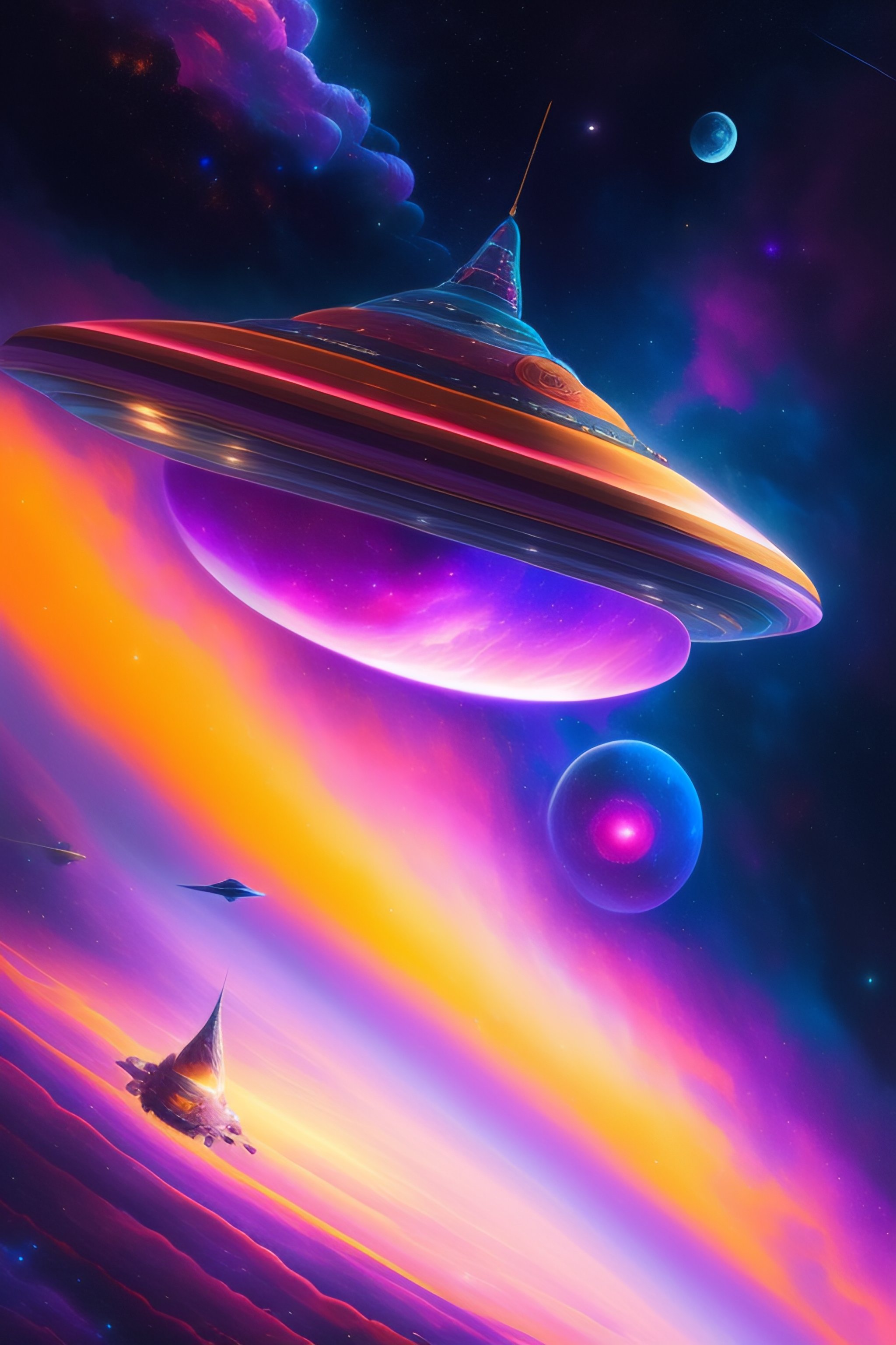 Lexica - A spaceship, alone in space with colorful nebulae, pink ...