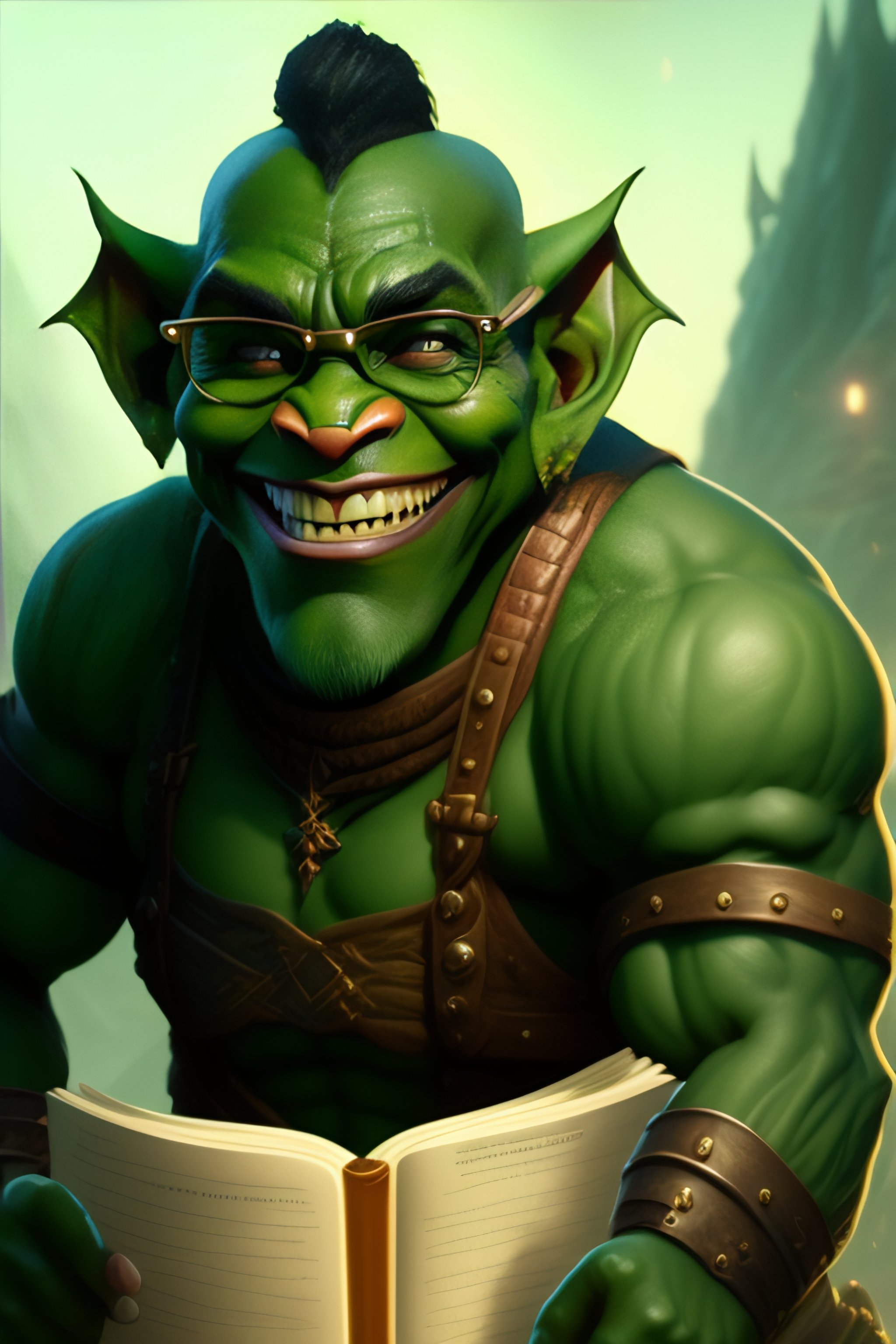 Lexica - A well-drawn friendly kind dark-green orc with a kind smile ...