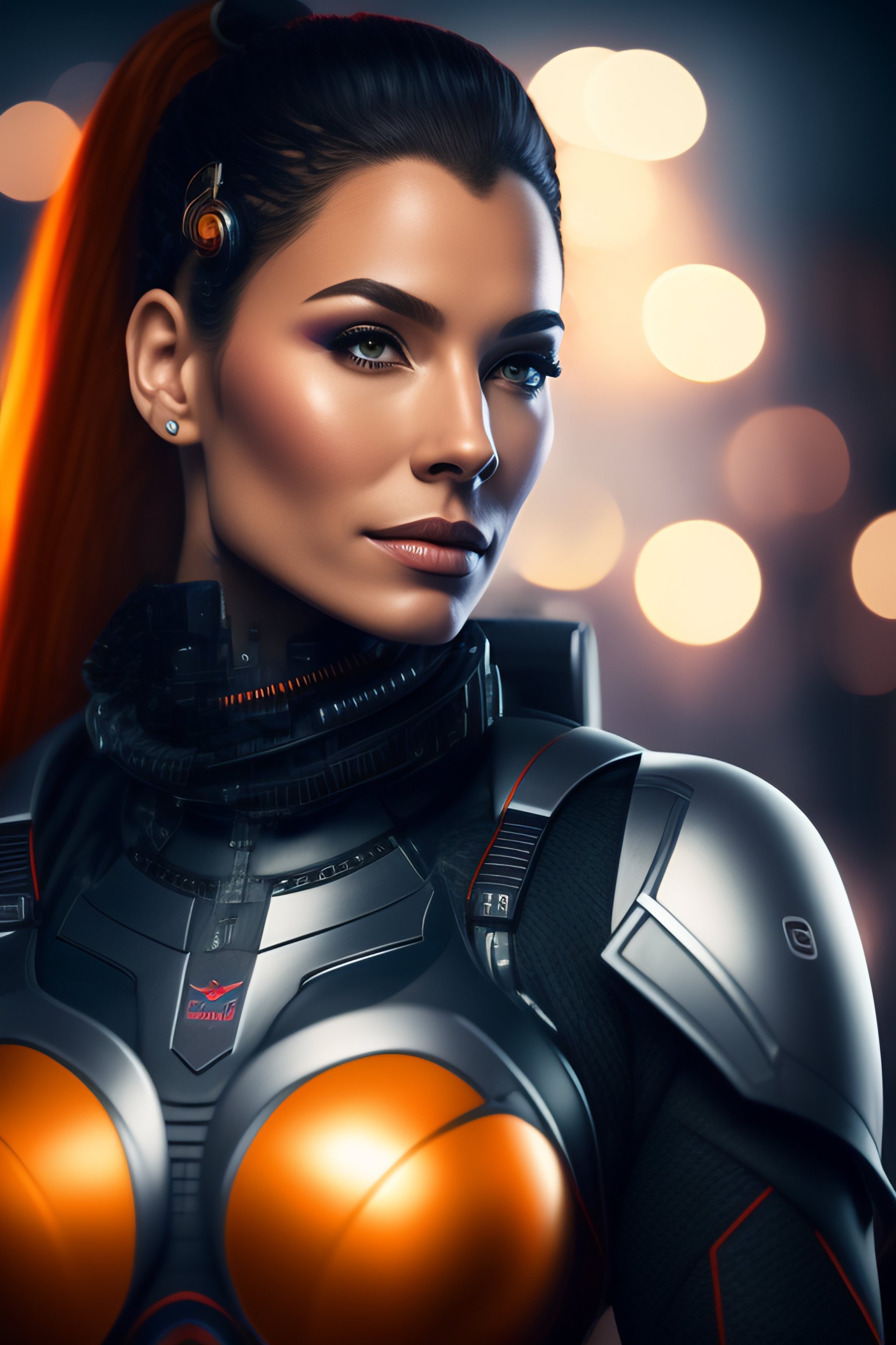 Lexica - Cyborg with computer,female, a character side portrait, realistic, half body shot ...