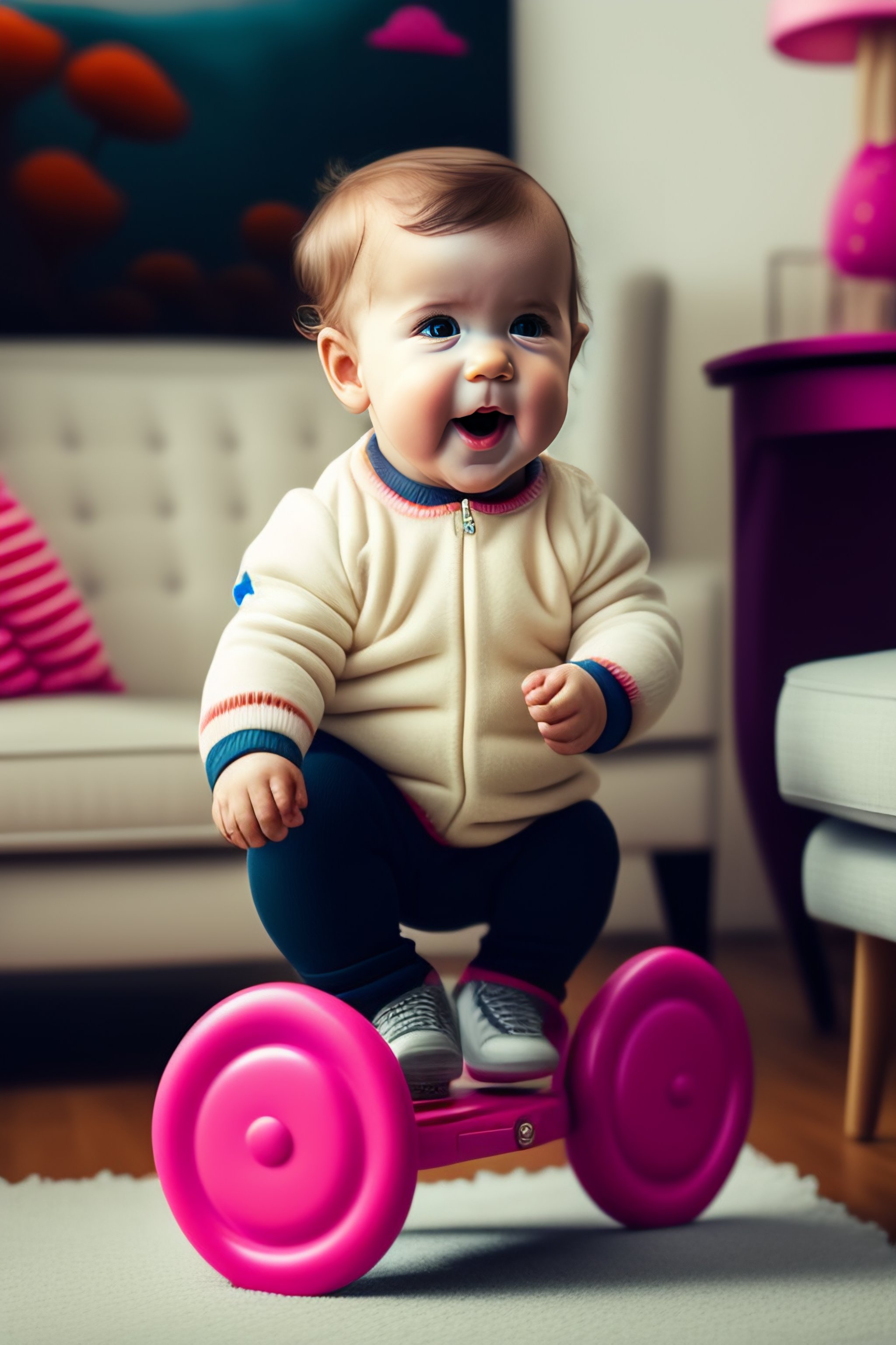 Lexica - A baby sitting on a tricycle in a living room, a stock photo ...