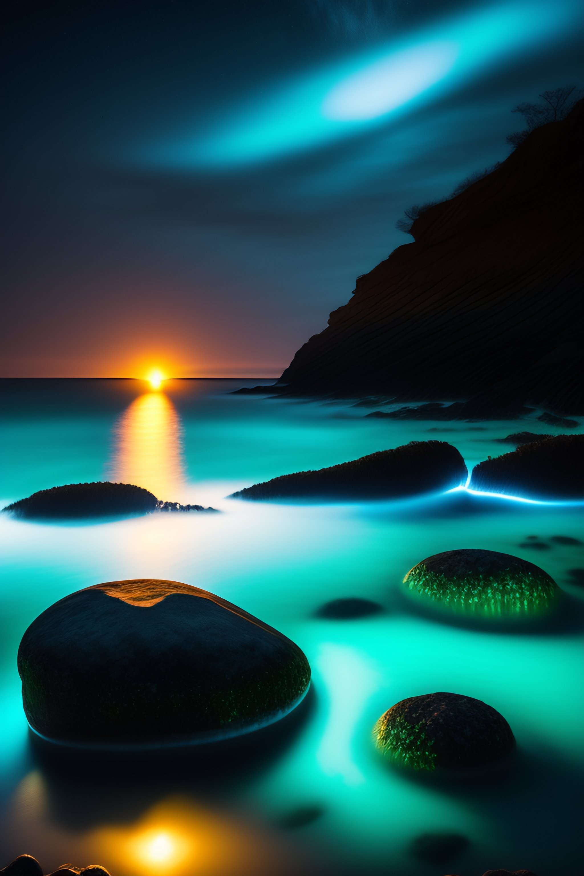 Lexica - Bioluminescent ethereal water elementals nesting in a rock pool