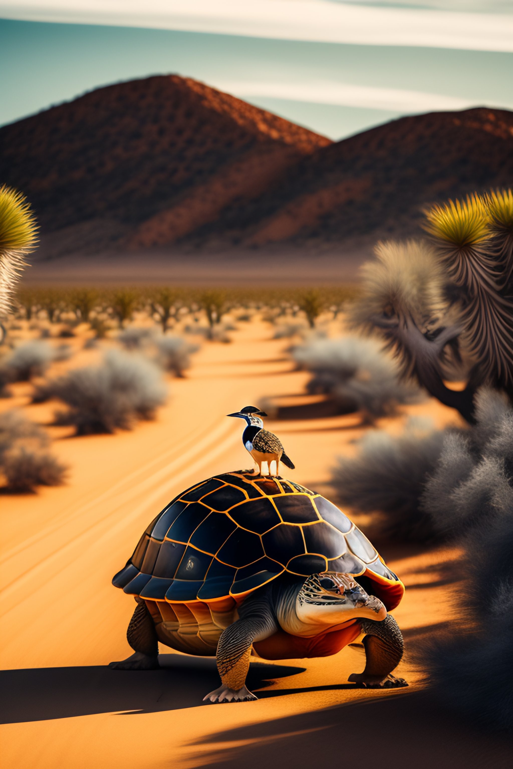 Lexica - A road-runner riding a tortoise in Joshua Tree, 8k photograph ...