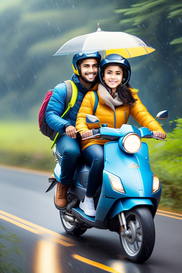 Lexica - A couple riding scooty in a rainy day in highway,wearing ...