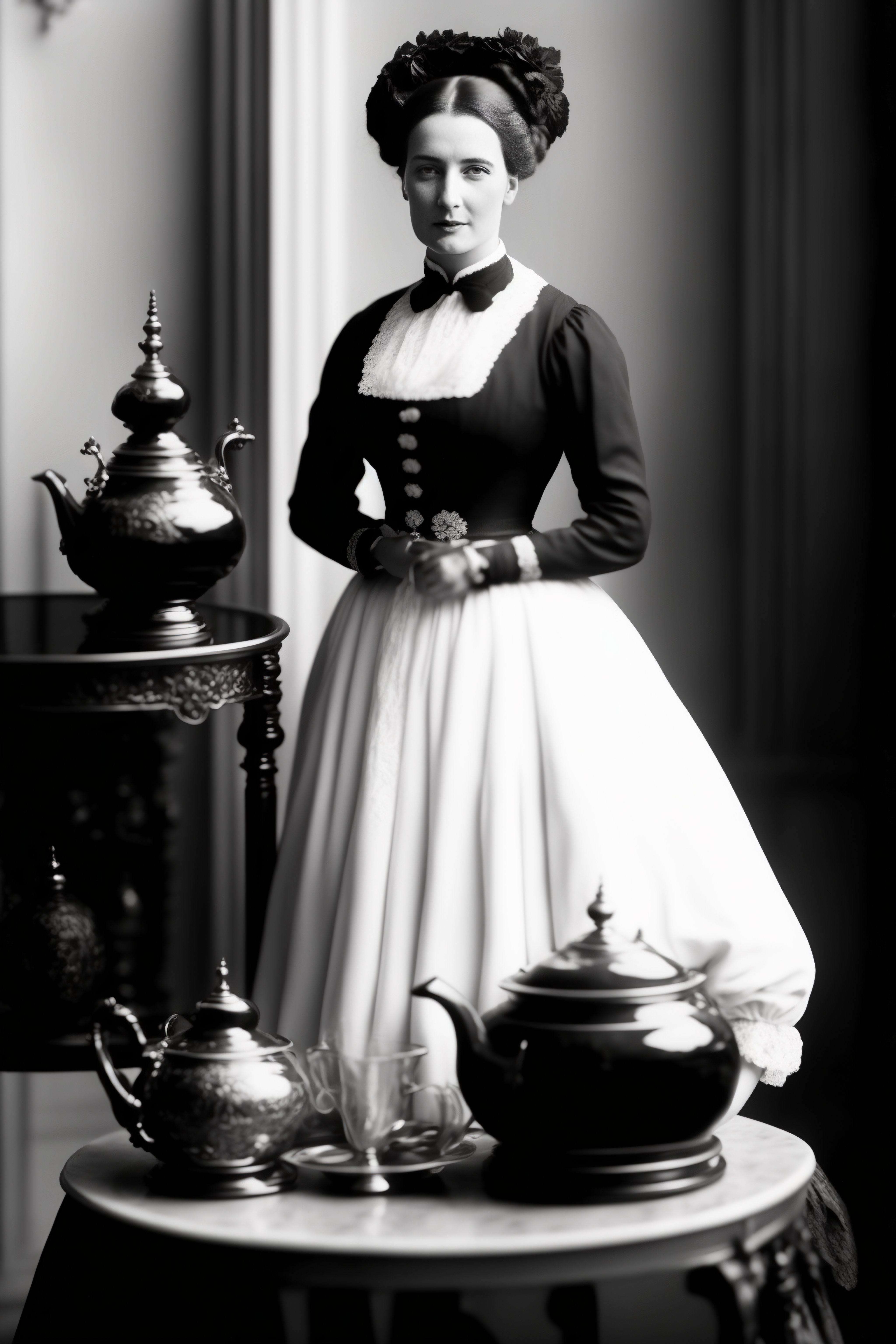 Lexica - 1910 grainy photograph of an edwardian maid with a black dress ...