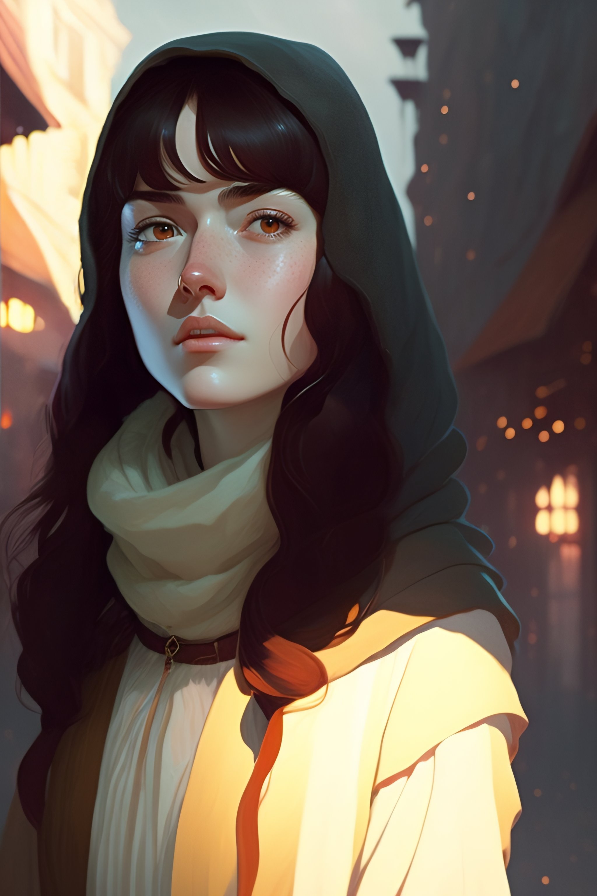 Lexica - (((((freckles))))) wearing a hood Victorian reporter baroque ...