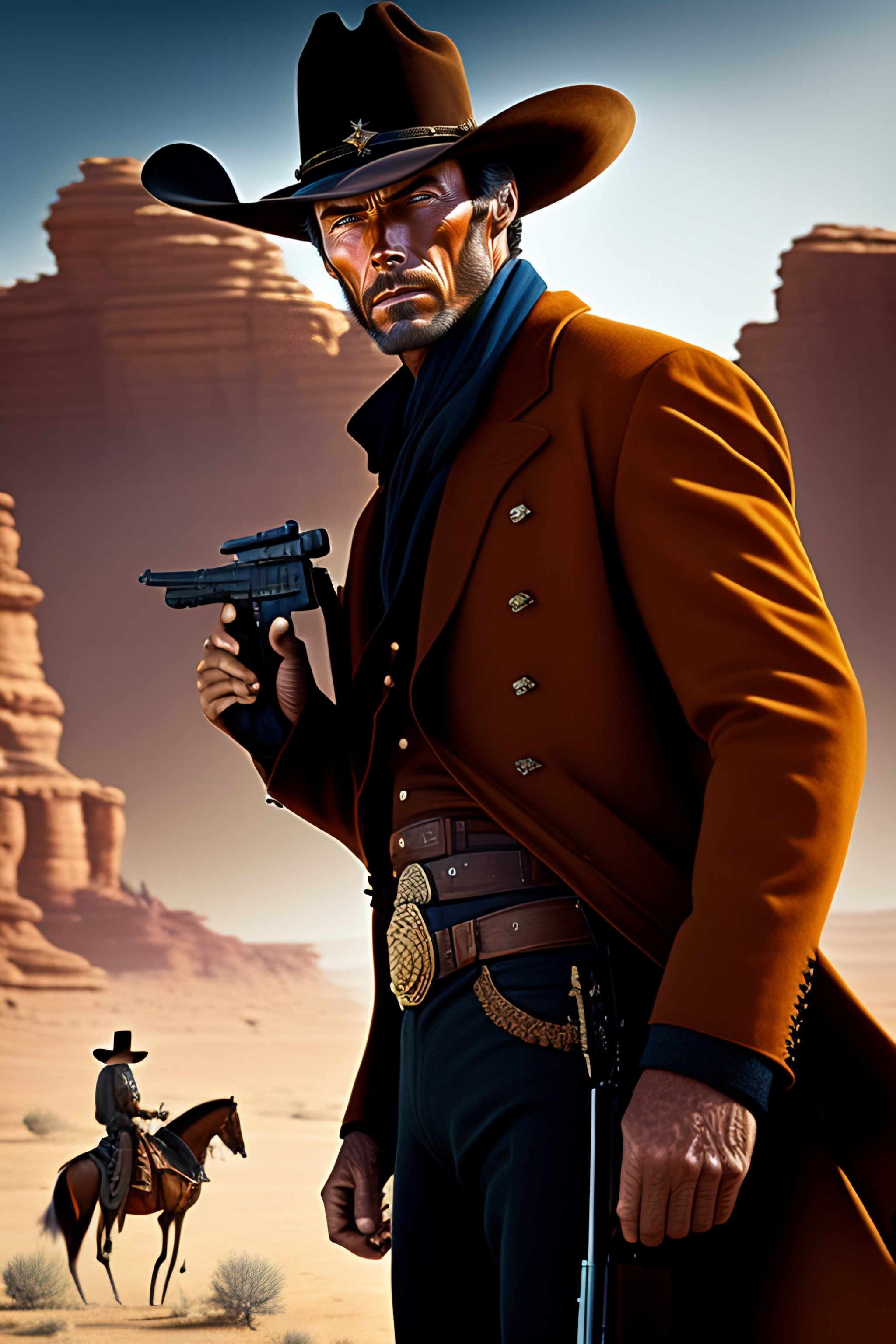 Lexica - Portrait shot of clint eastwood western cowboy firing revolver ...