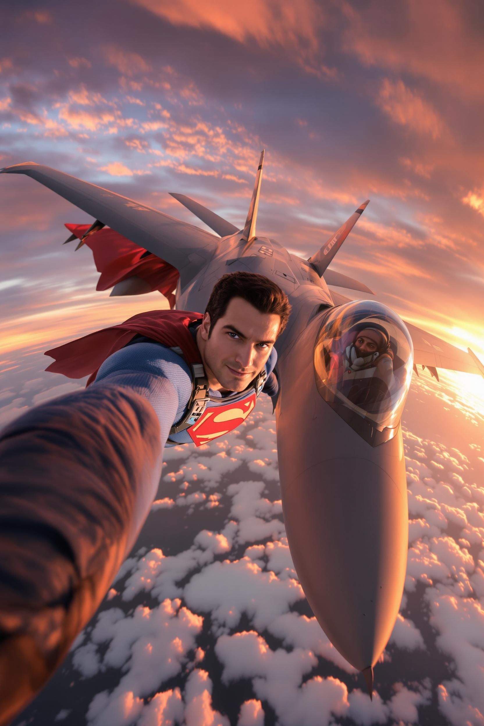 Lexica - Superman flying alongside a plane, this is a selfie, his arm ...