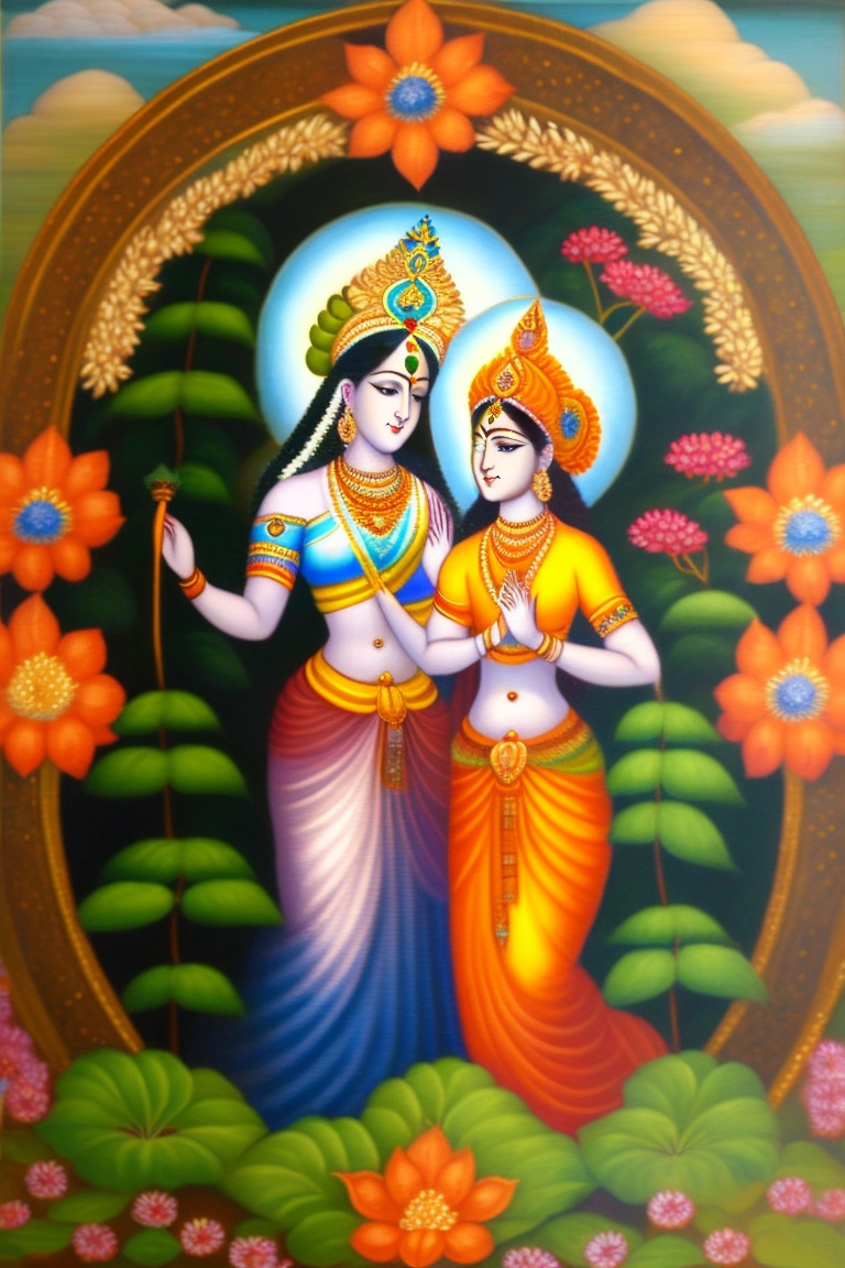 Lexica - A beautiful and detailed painting of Radha Krishna in a lush ...