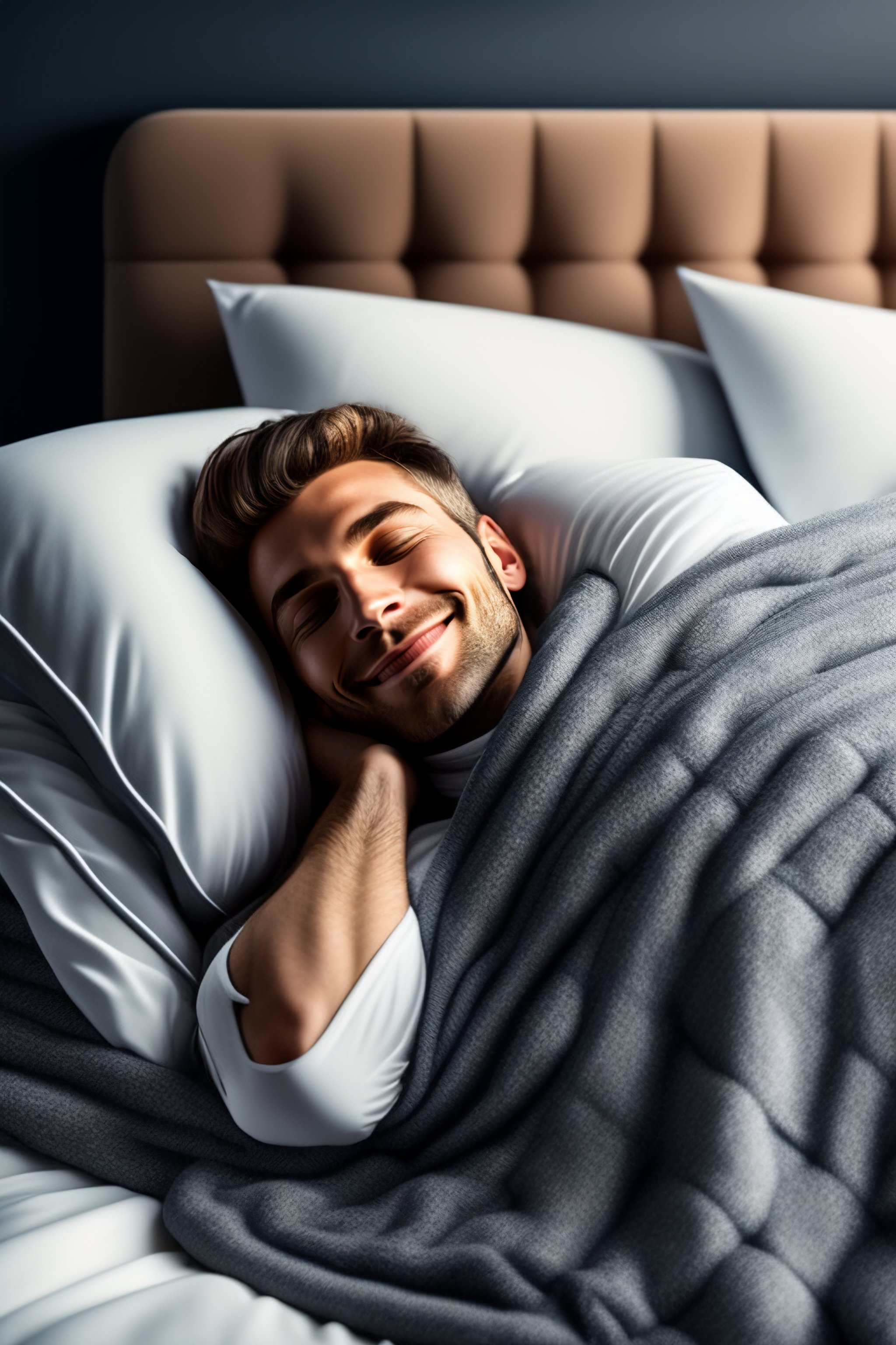 Lexica - Happy man slepping in a bed with thin grey blanket that hugs ...
