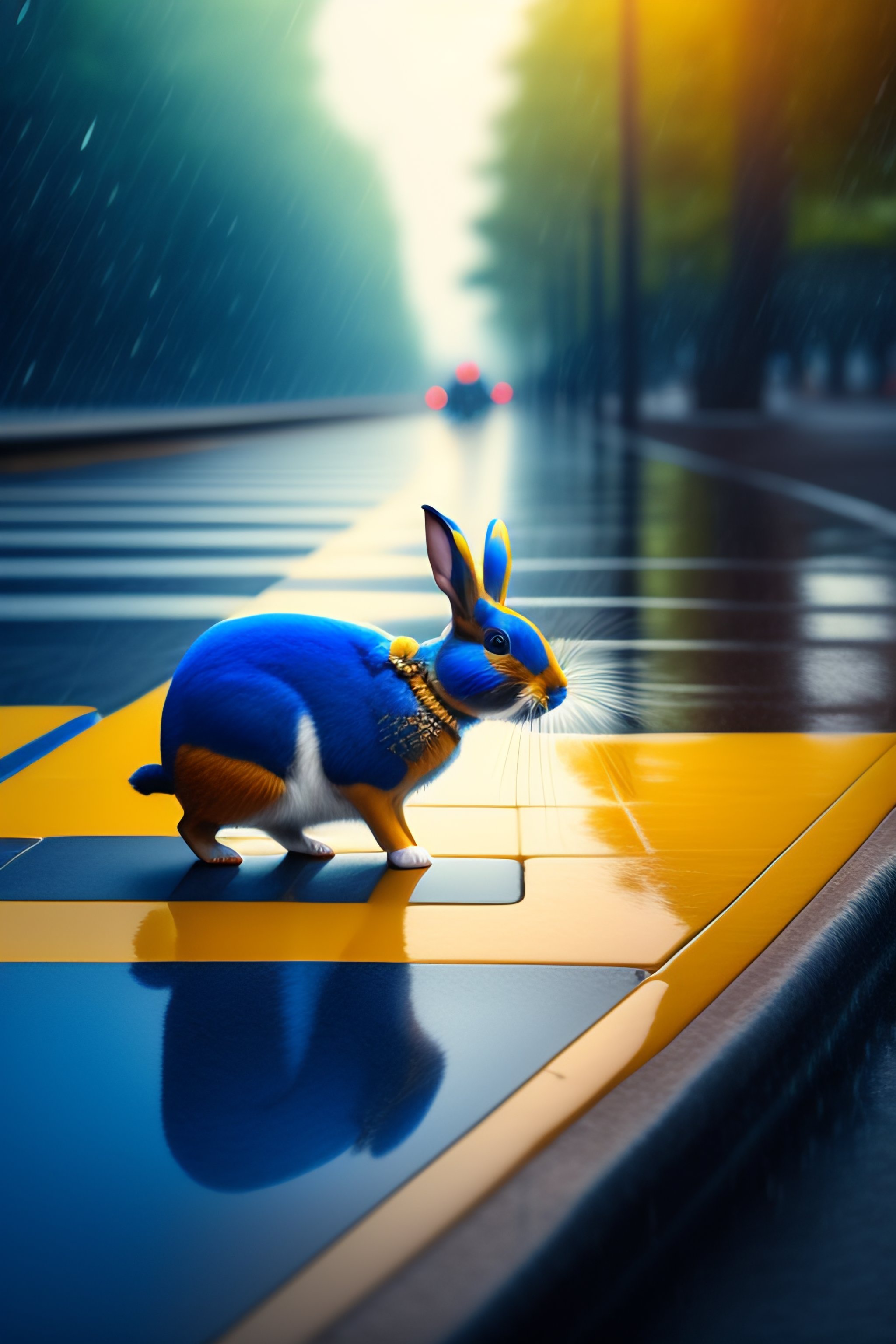 Lexica - Blue-yellow rabbits run along the sidewalk and during the rain ...