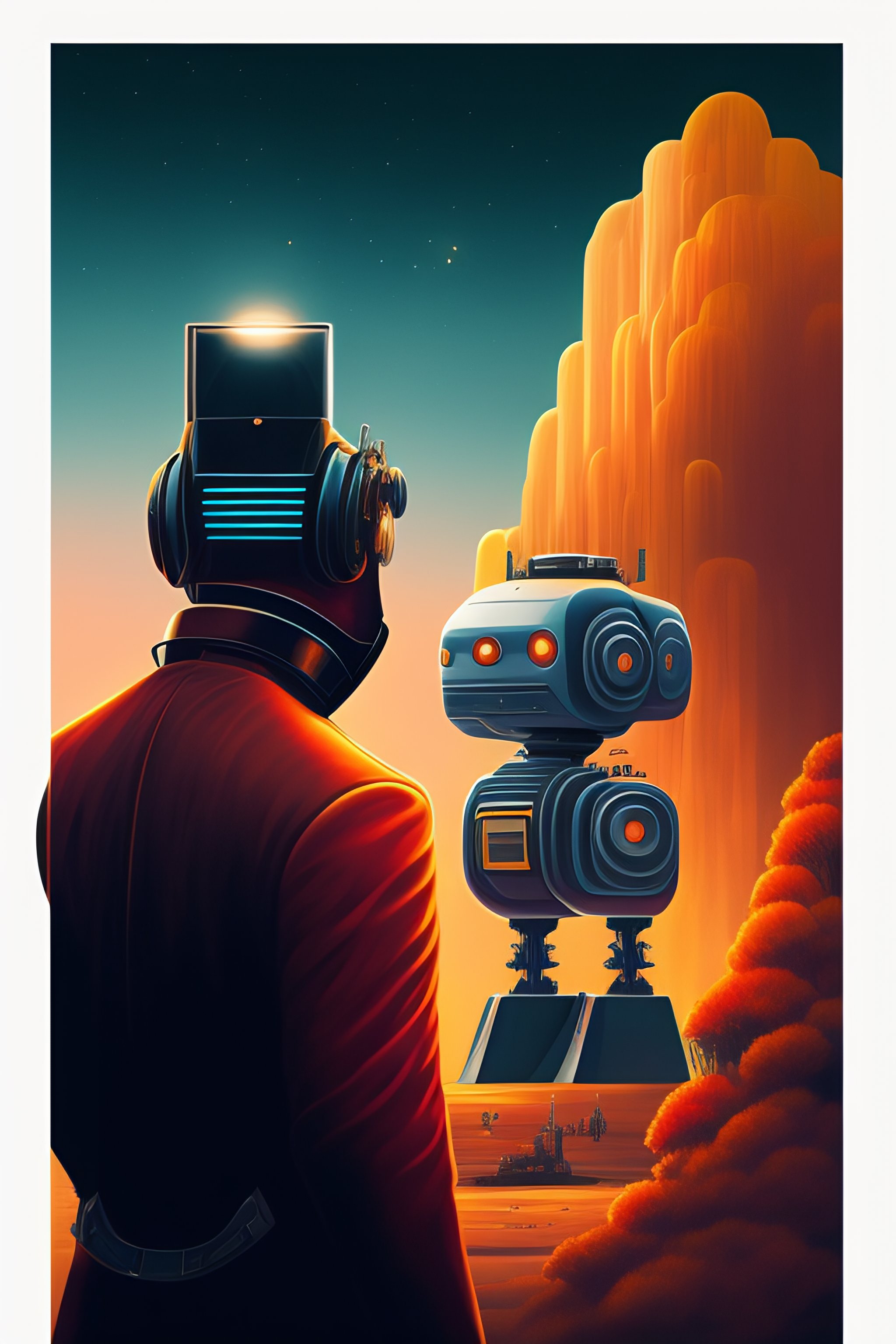 Lexica - A robot staring at a man, fantastic illustration