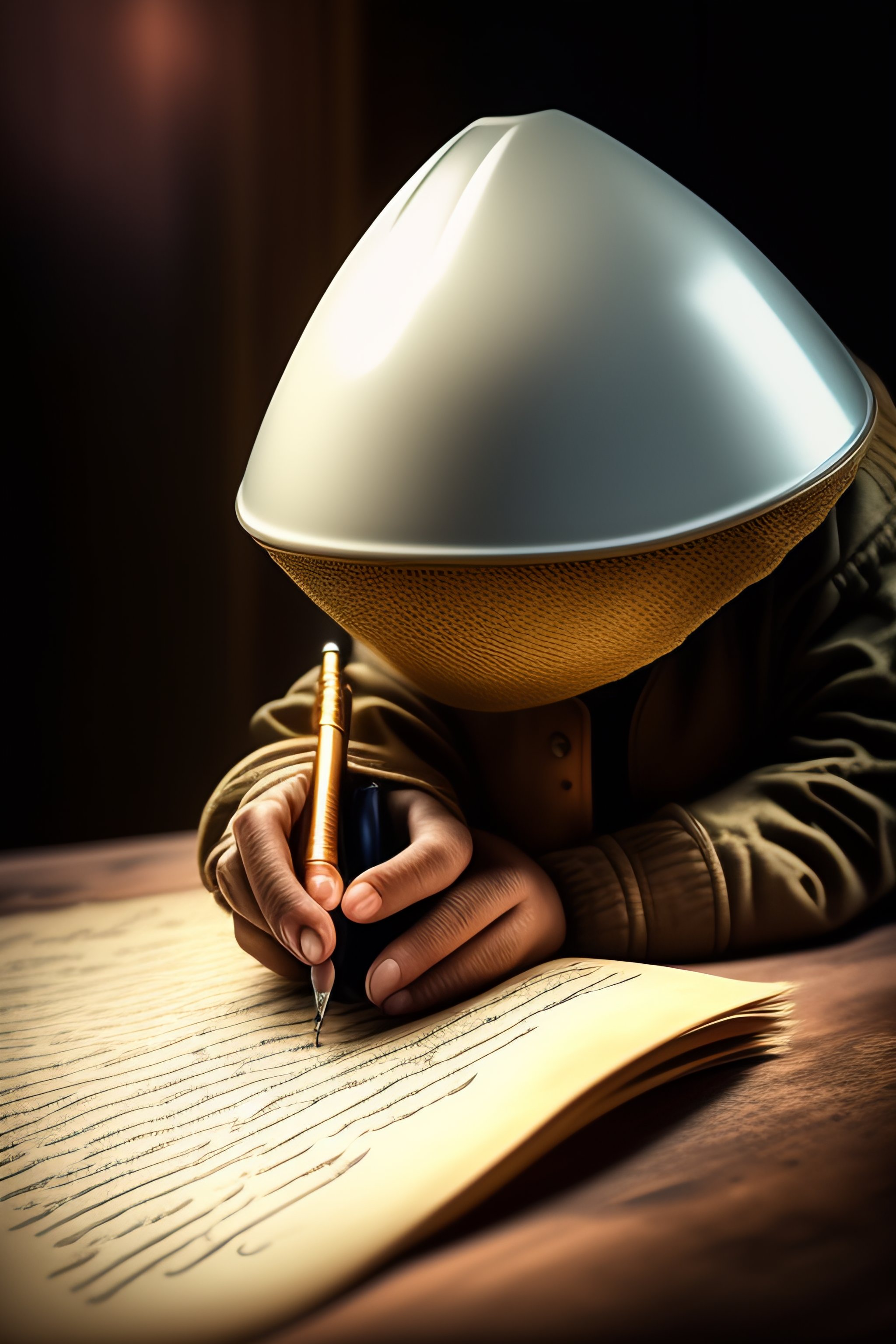 Lexica - A sad humanoid alien writing on a piece of parchment