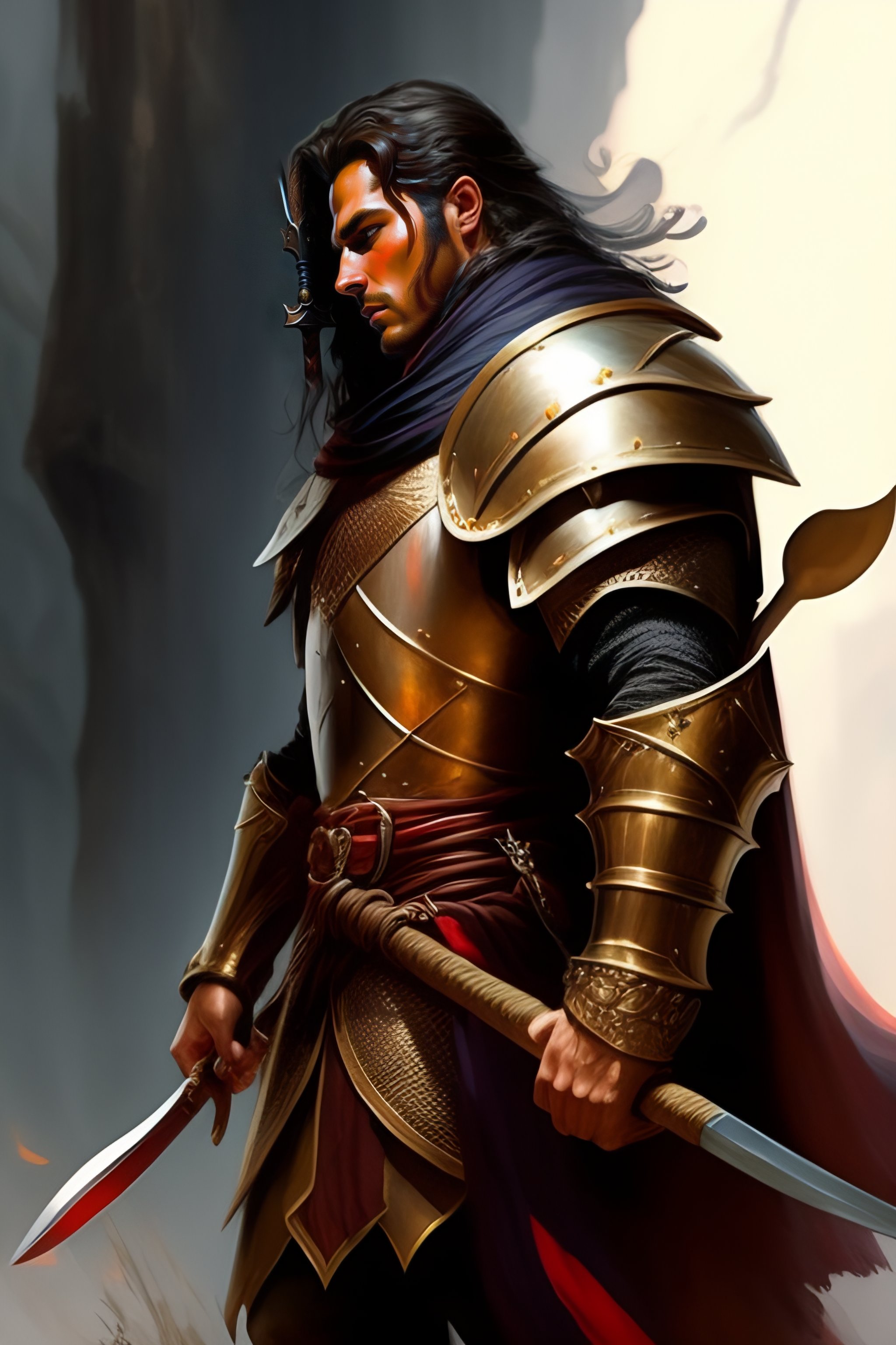 Lexica - A knight in hide armor holding an axe, leaning against an axe ...