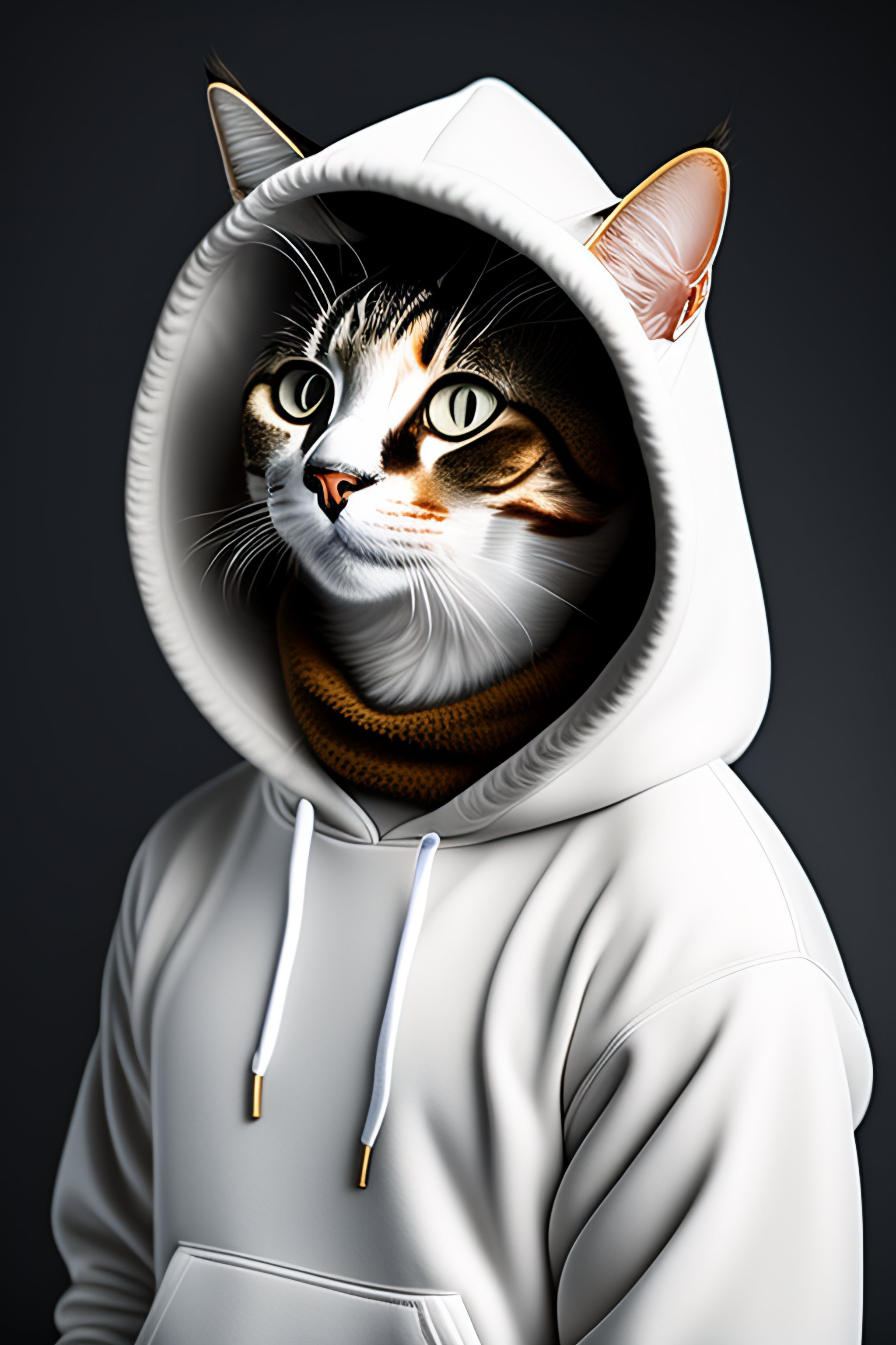 Lexica - Painting portait of cat wearing a hood and hoodie looking at ...