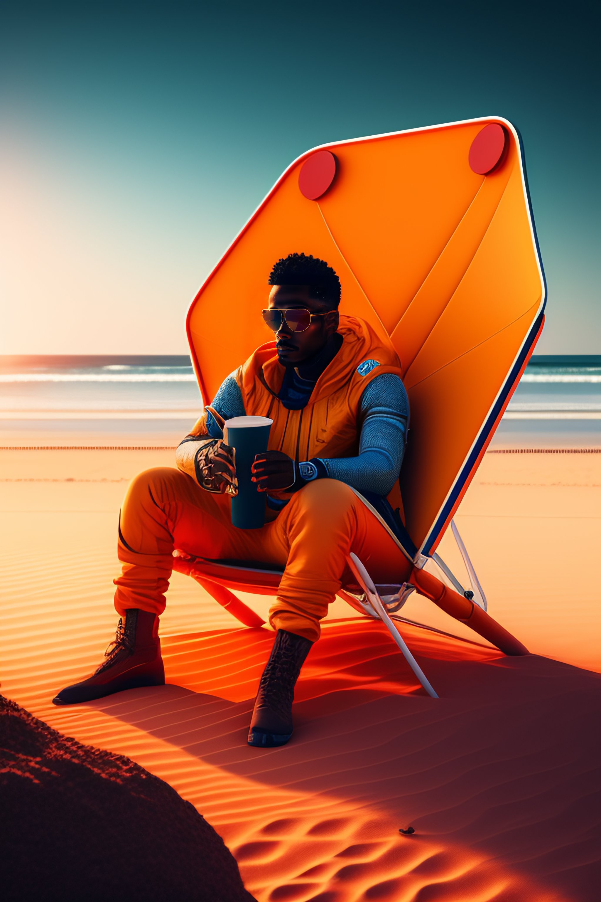 Lexica - A man resting on mars in a beach chair, vibrant lighting ...