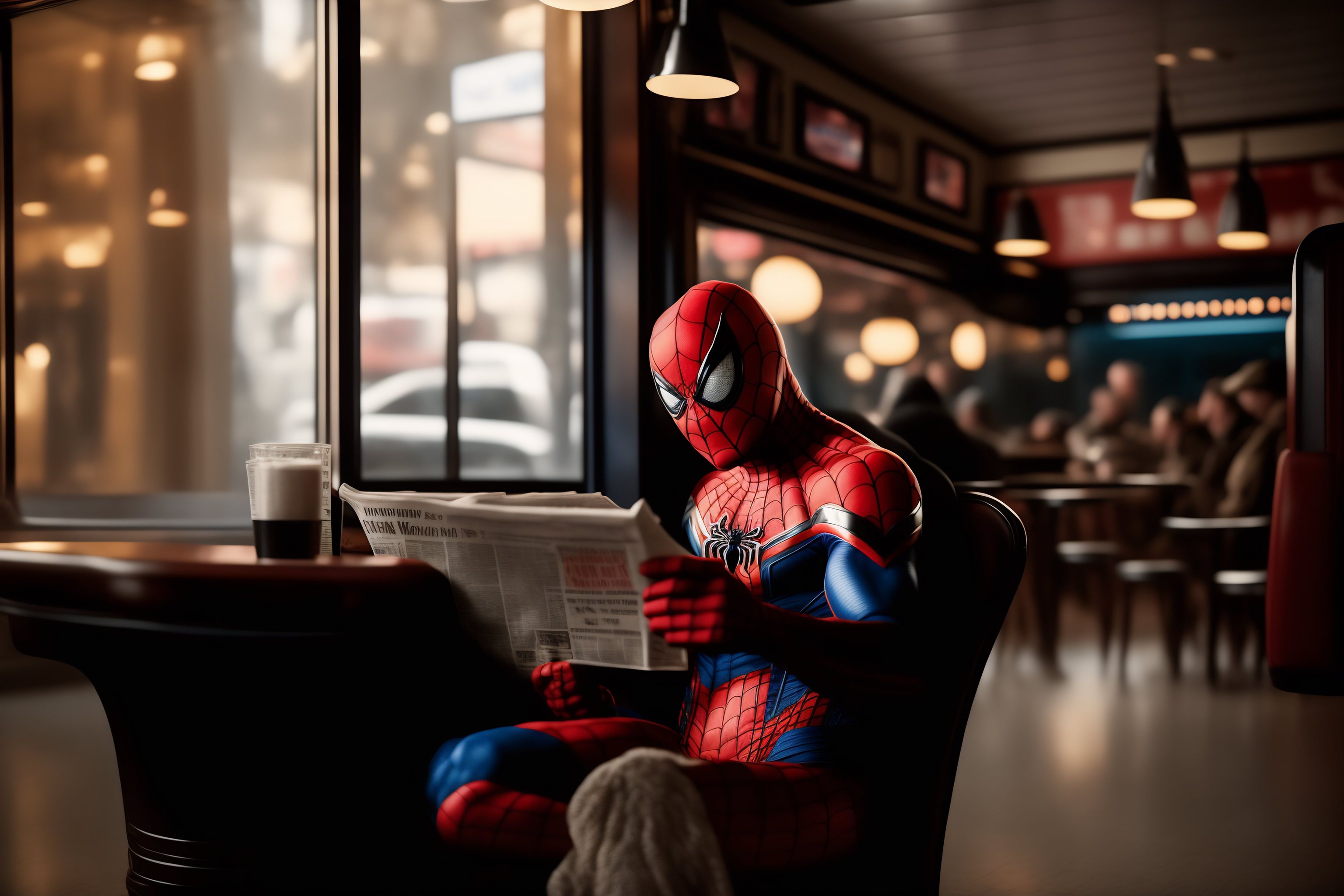 Lexica - Spider-Man reading a newspaper inside of a diner, cinematic ...