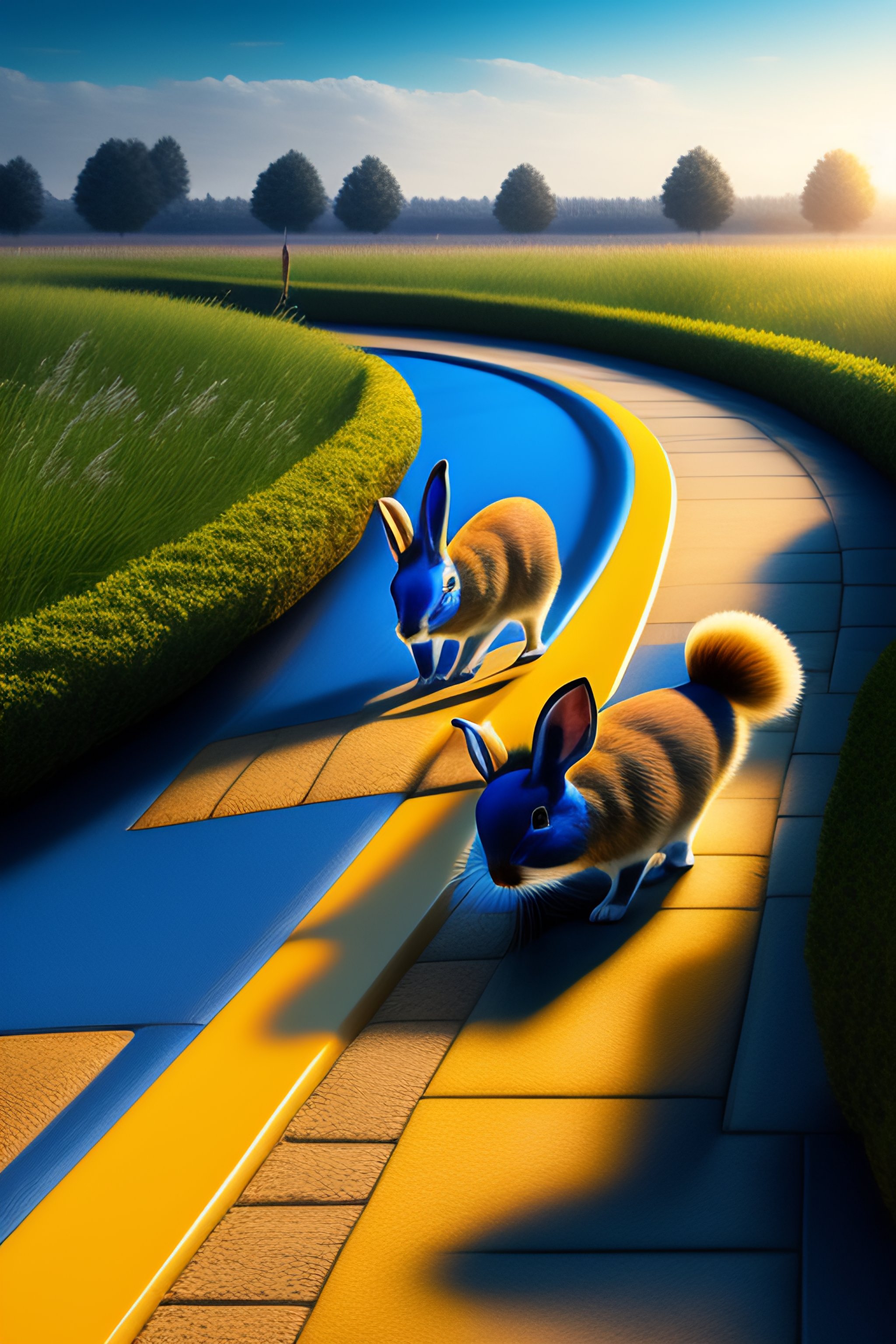 Lexica - Blue-yellow rabbits run along the sidewalk and during the rain ...