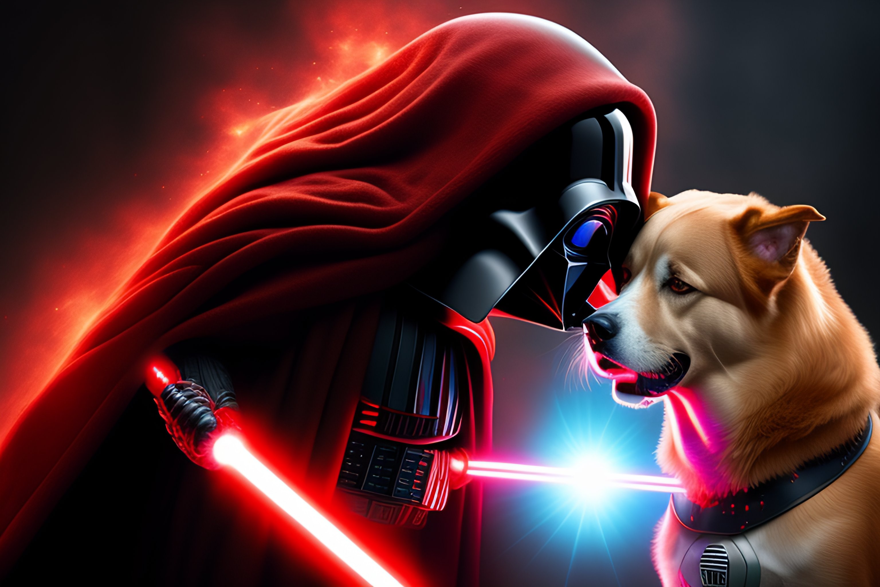 Lexica - Star wars Darth vadar fighting with a dog , red ightsaber
