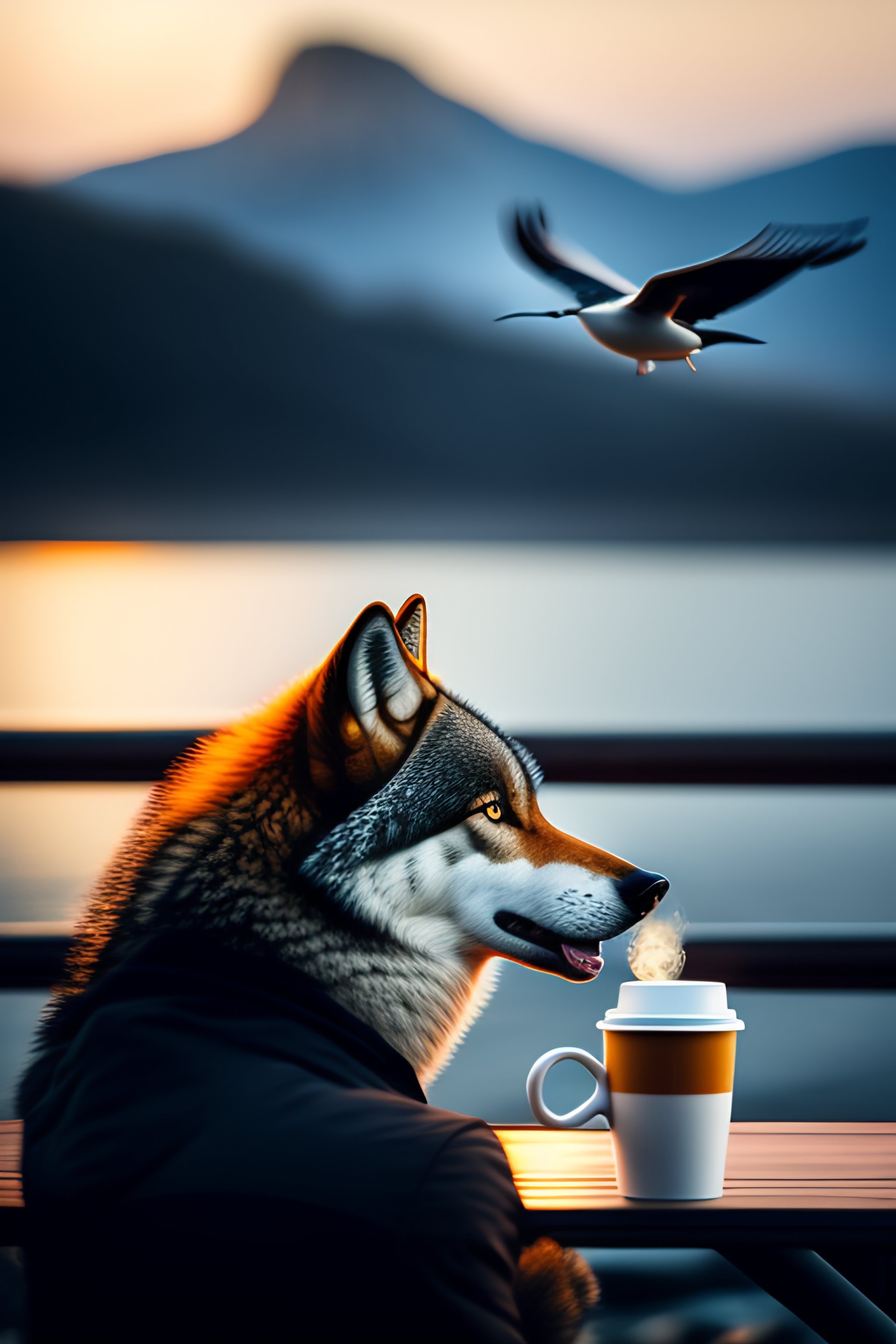 Lexica - Wolf drinking coffee and looking at big ships, there are ...