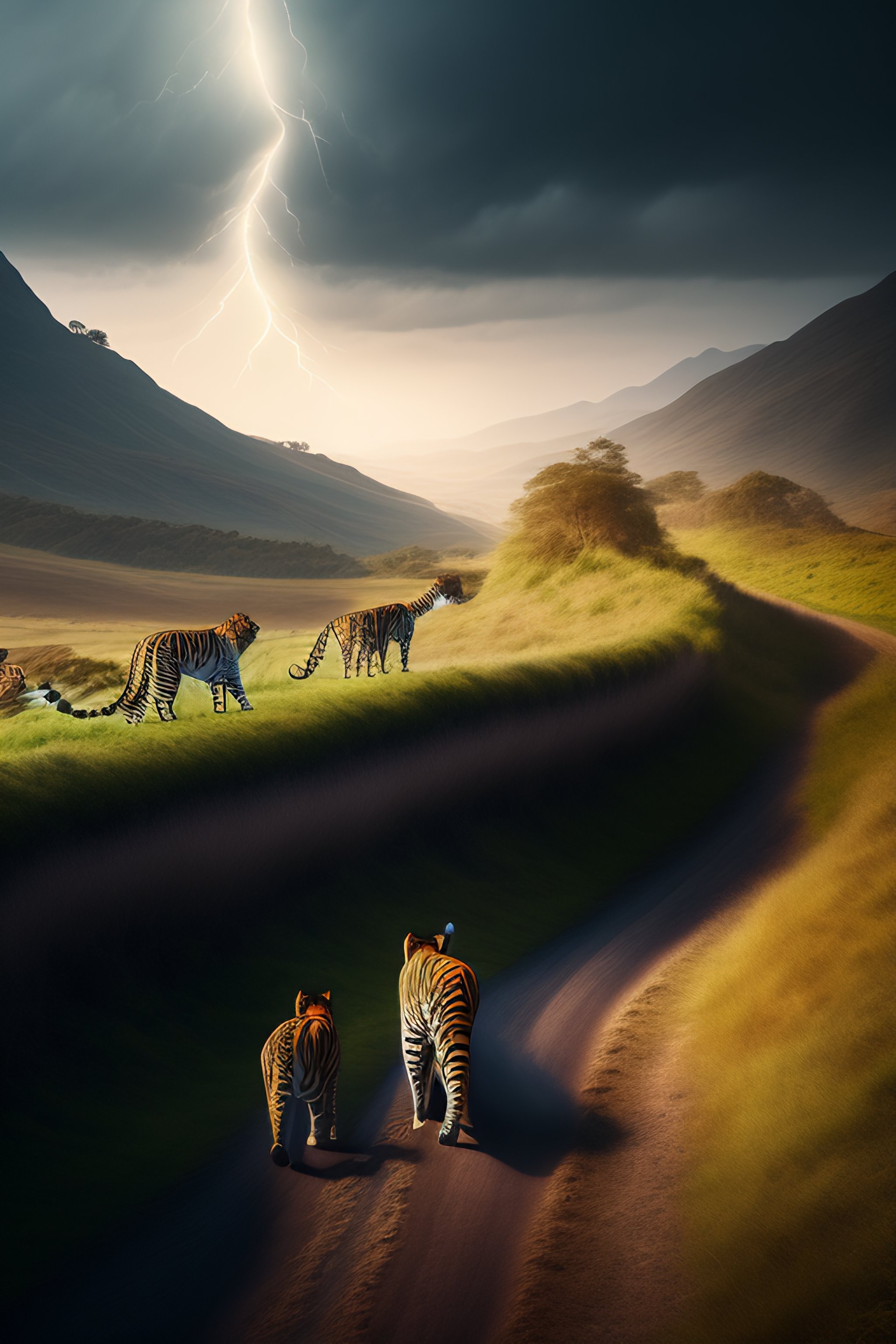 Lexica - A tiger along with his babies walking besides the valley,8k ...