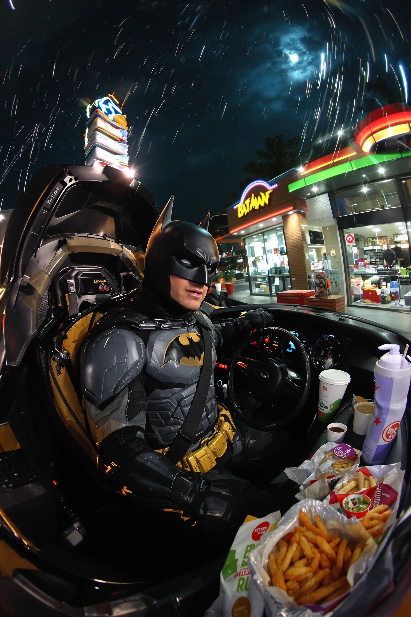 Lexica - Fast food drive-thru camera catching Batman ordering in the ...