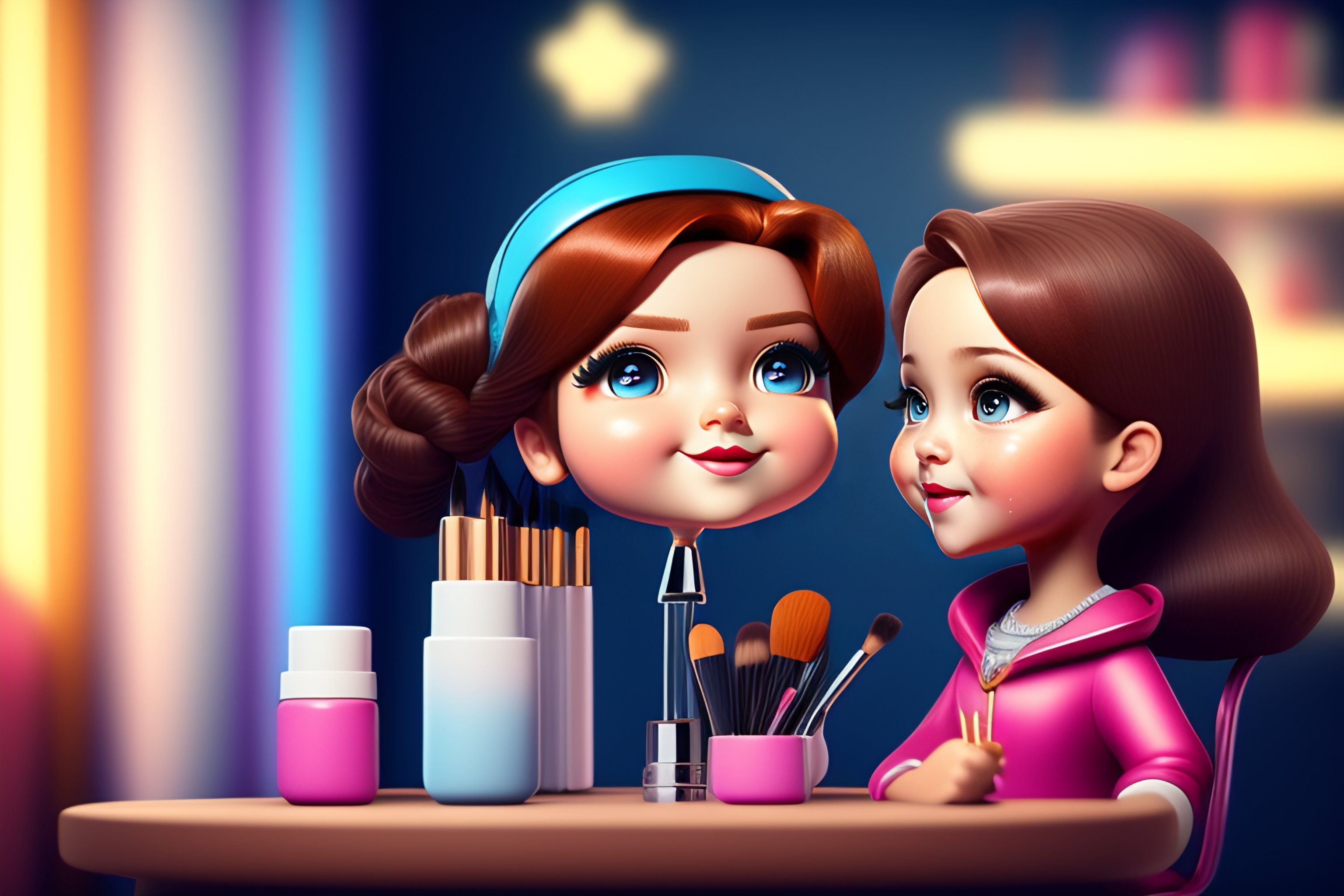 Lexica - Cartoon girl doing make up, makeup kit, hair dryer,
