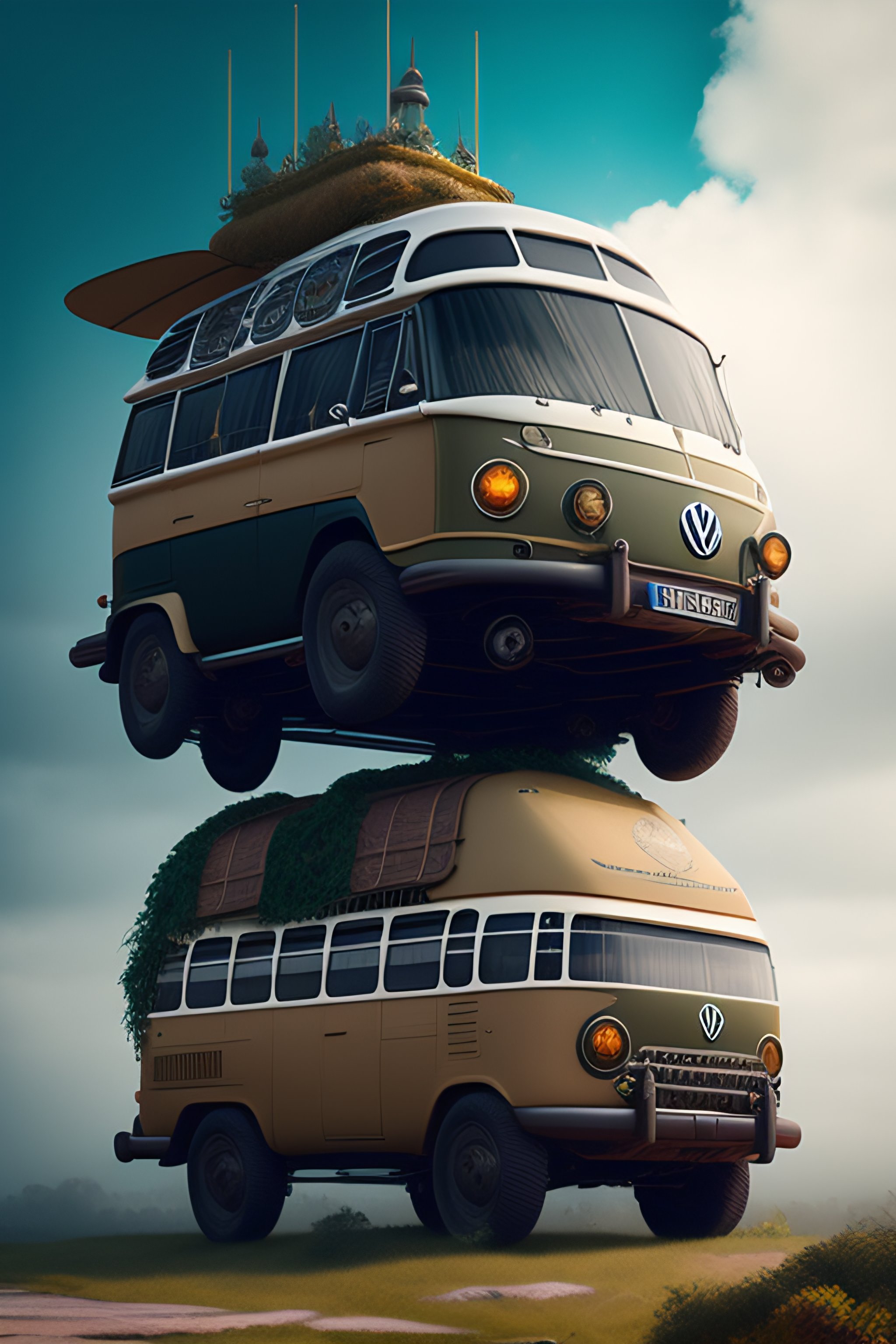 Lexica - Vw type 2 bus flying flapping wings over the sky , ancient ...