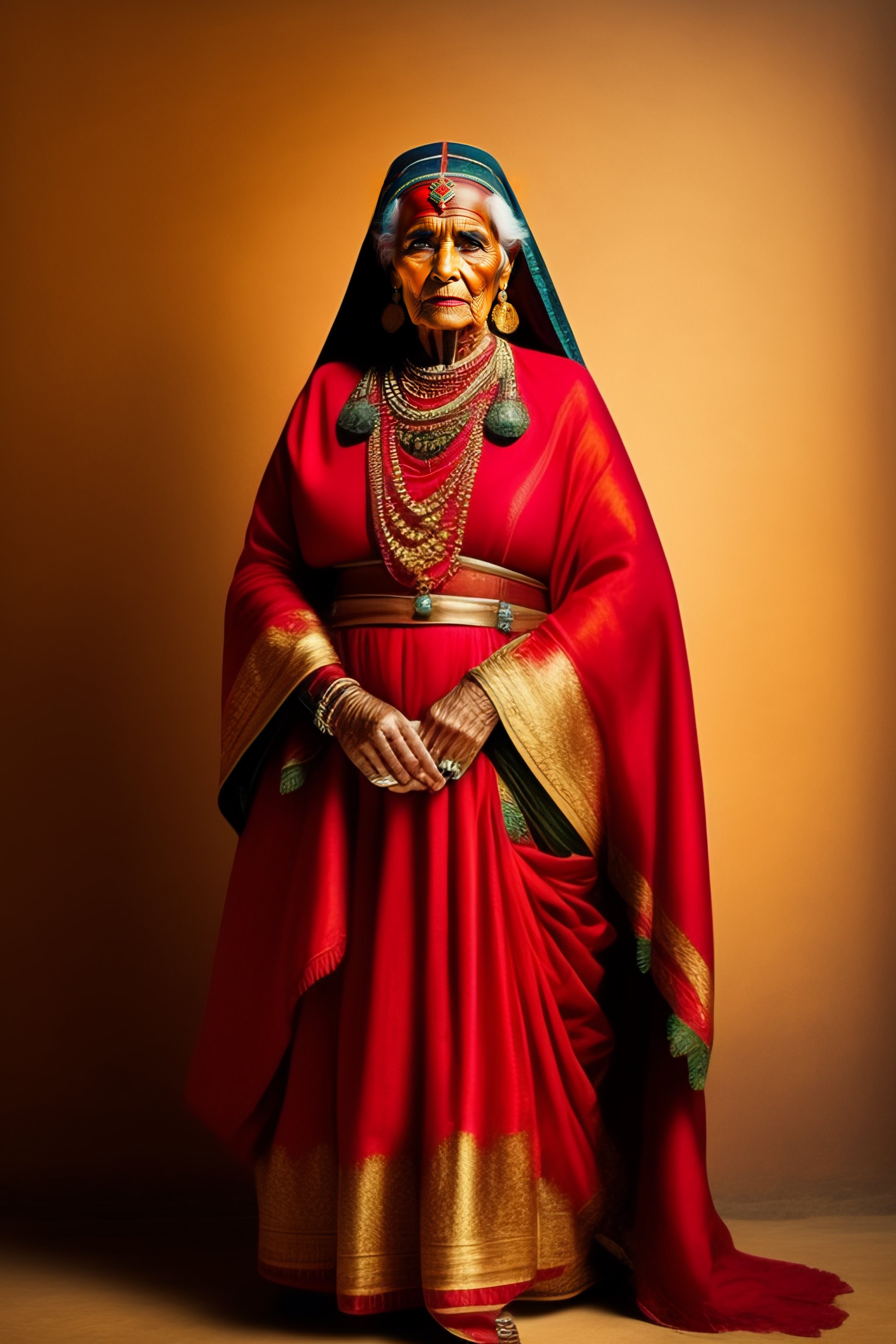 Lexica - Guanche old woman, red and gold clothes, poor