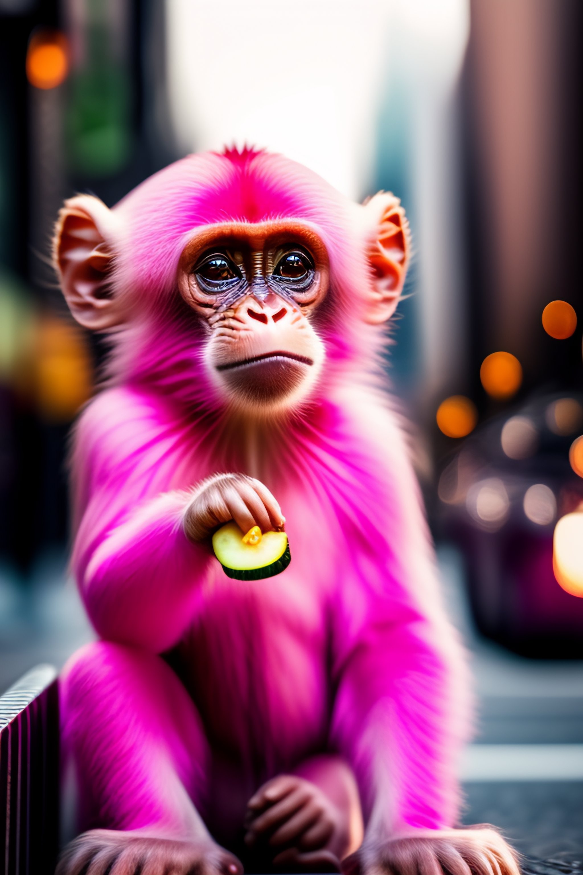 Lexica - A pink monkey with a cucumber on 4th Avenue in New York