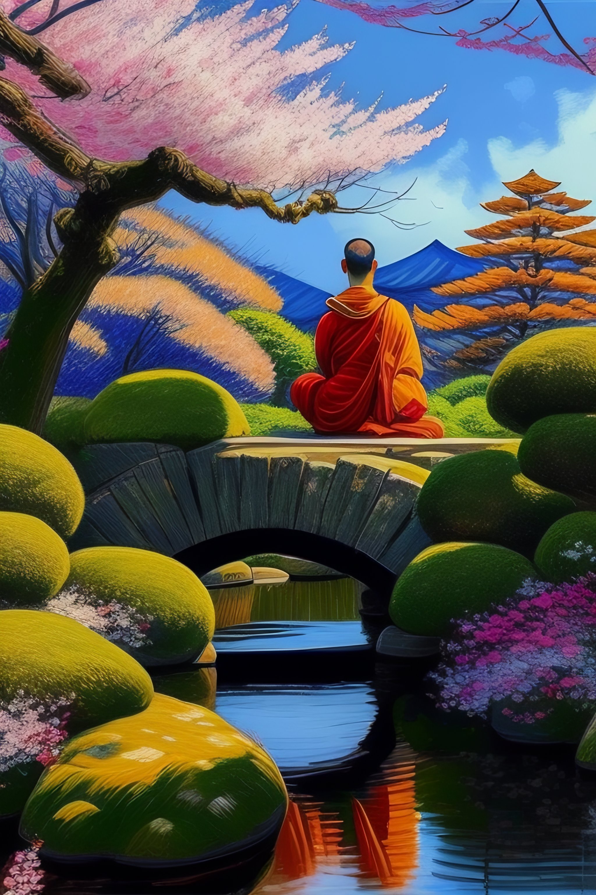Lexica - Drawing of a monk meditating in a japanese garden with cherry ...