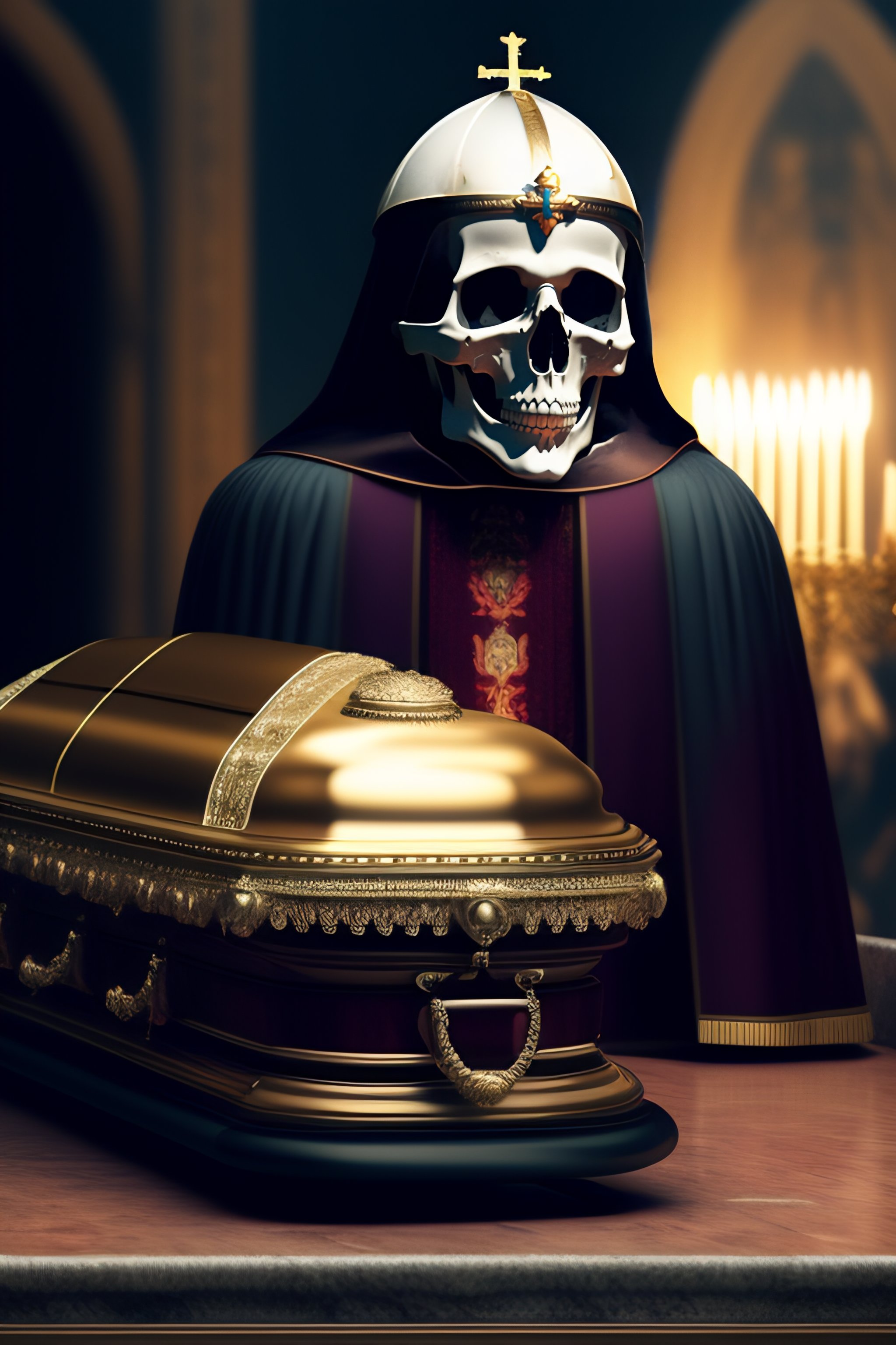Lexica - A dead pope with a skull face rotting in a coffin