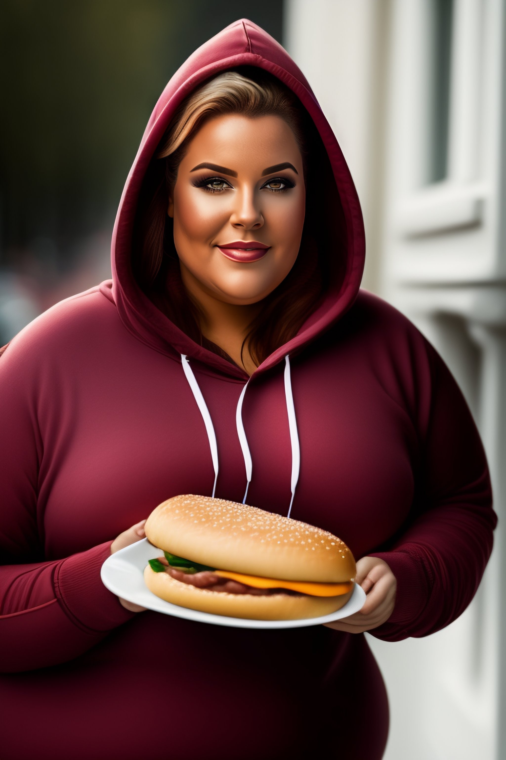 Lexica - Full-figured Swedish woman wearing revealing hoodie and eating ...
