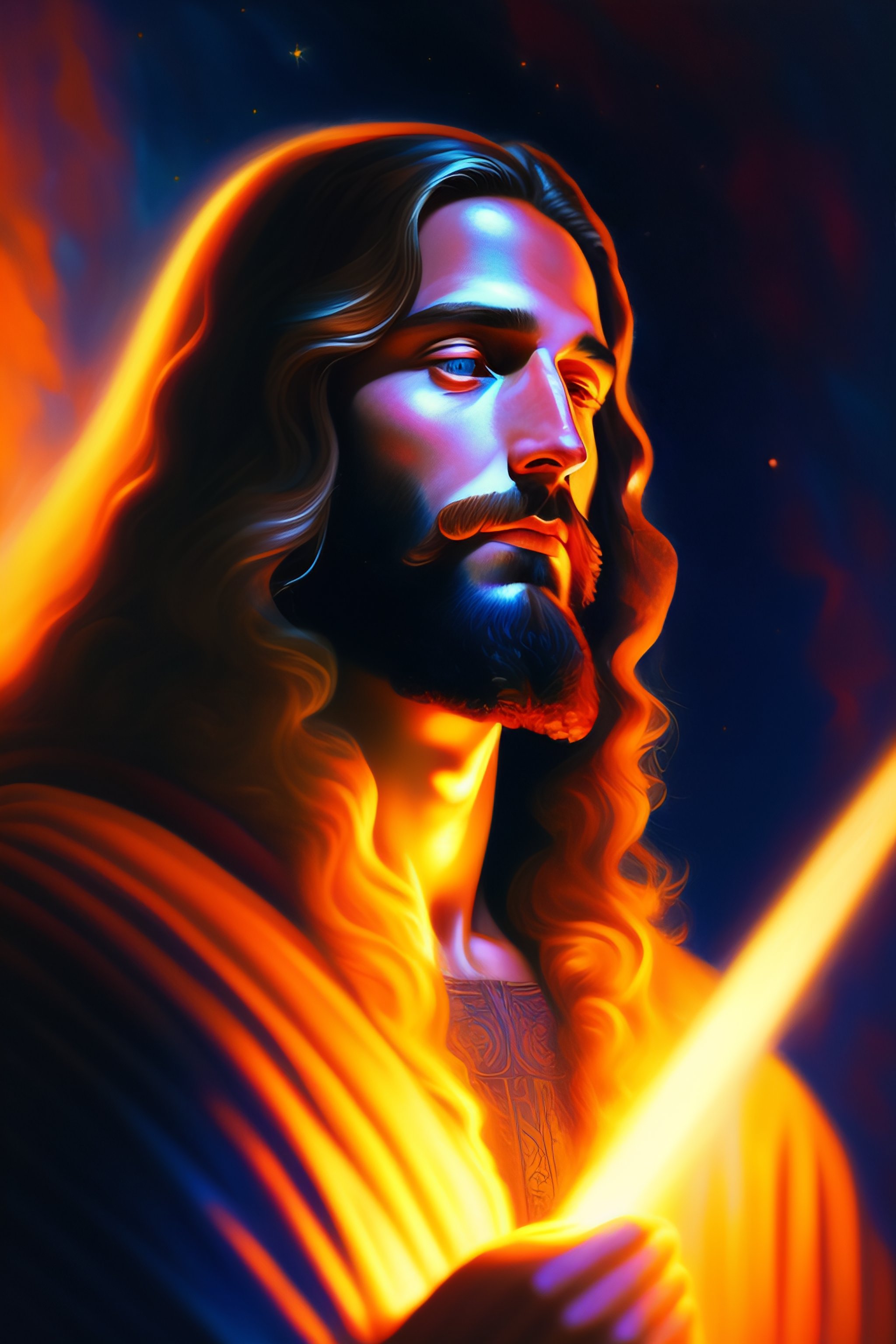 Lexica - Hyperrealistic painting of Jesus in a blue robe, with rays of ...