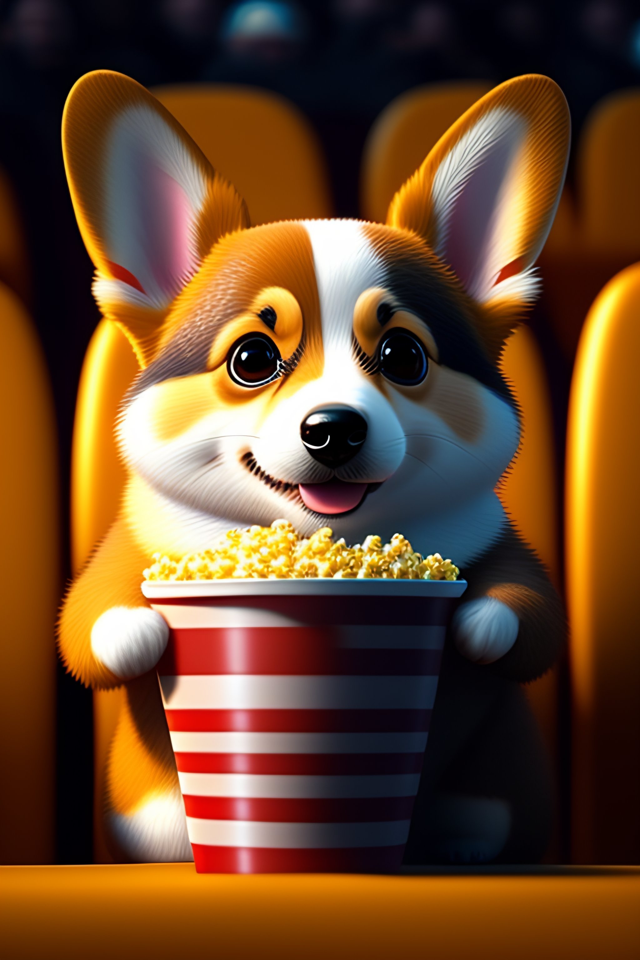 Lexica - Cute small humanoid corgi sitting in a movie theater eating ...