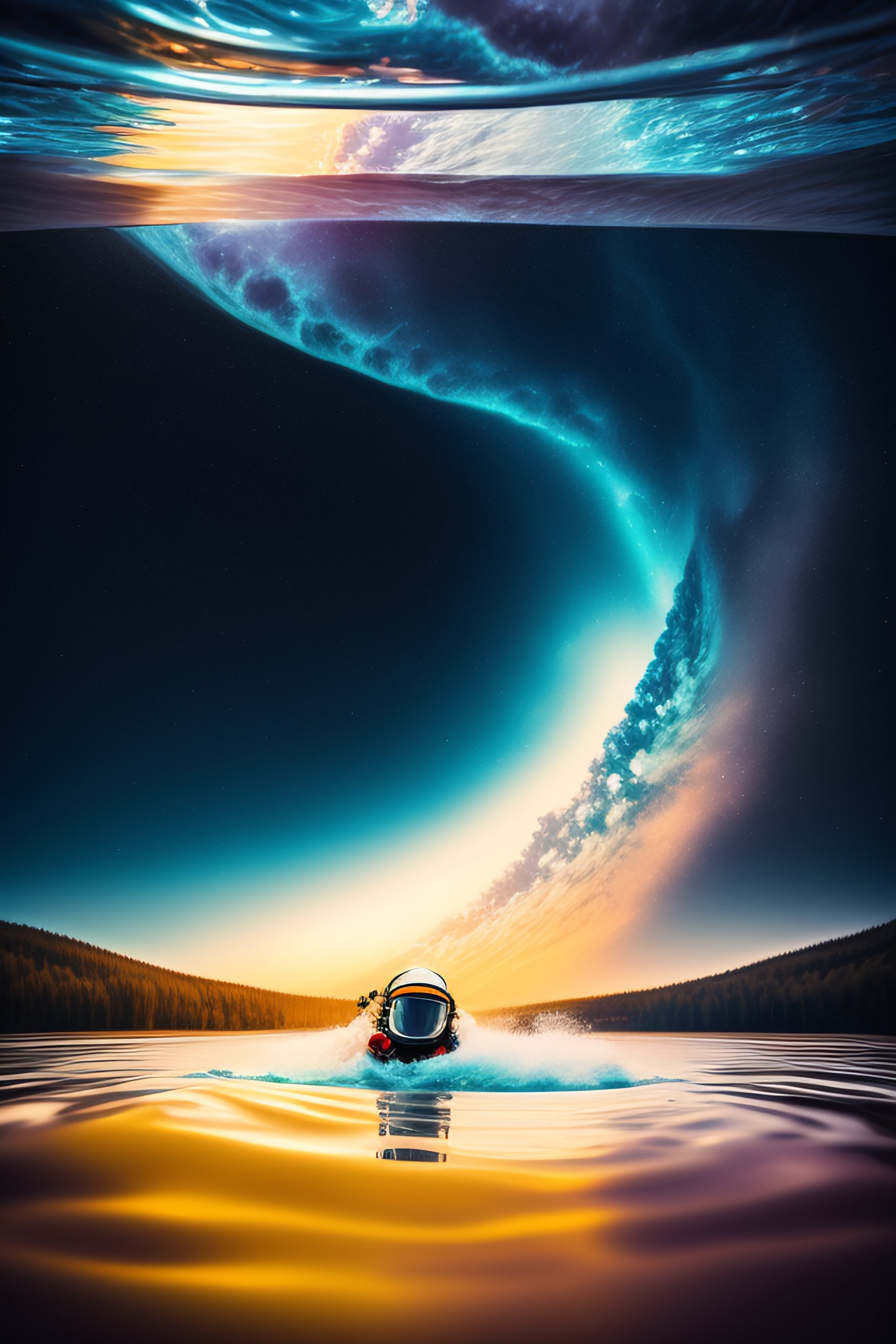 Lexica - An astronaut swiming in a lake in space
