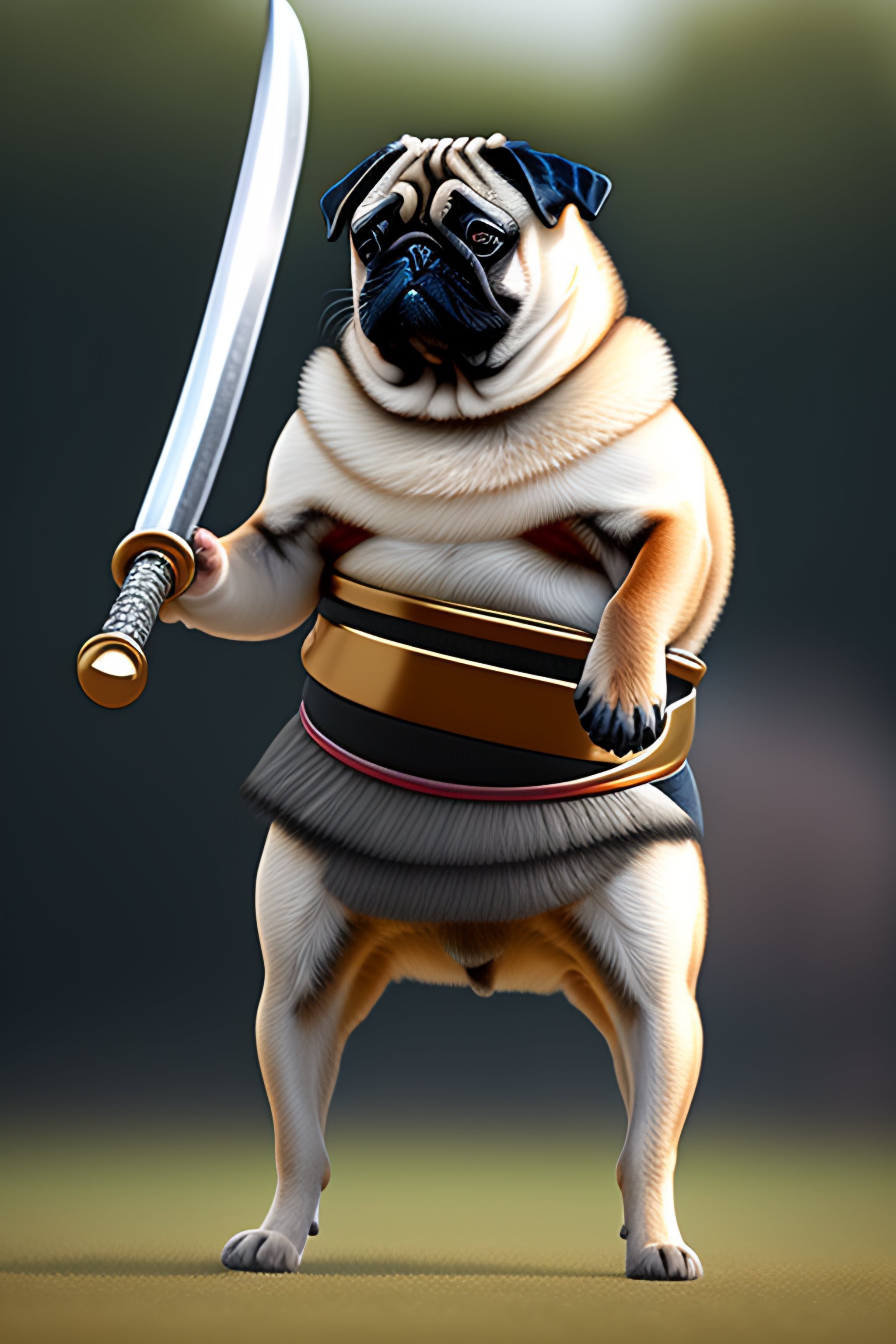 Lexica - Pug standing on two legs holding giant sword
