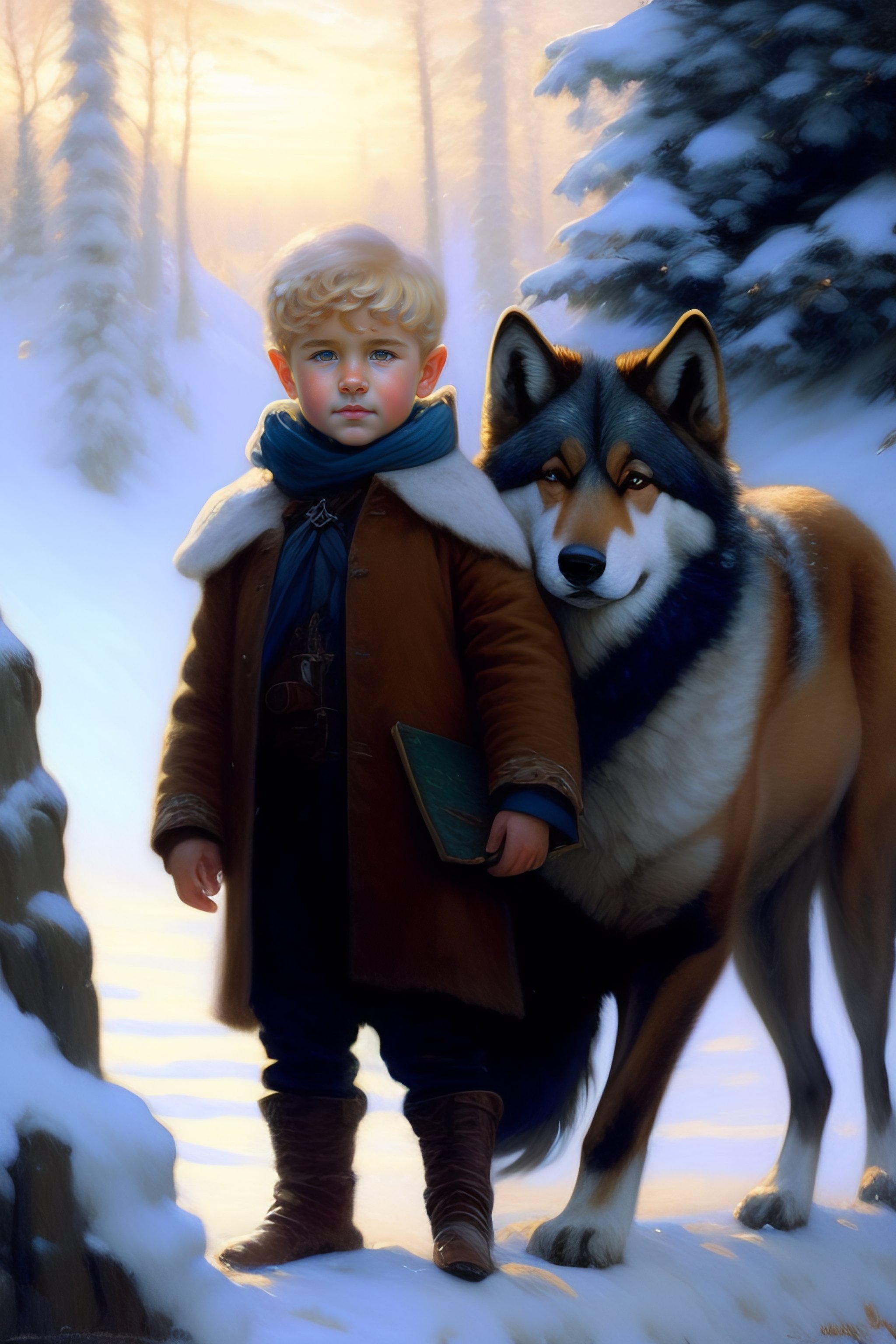Lexica - A cinematic portrait of a little boy and a big wolf, portrait ...