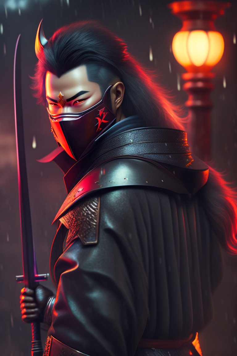 Lexica - A samurai wearing a oni mask holding a katana in rain 4k ...