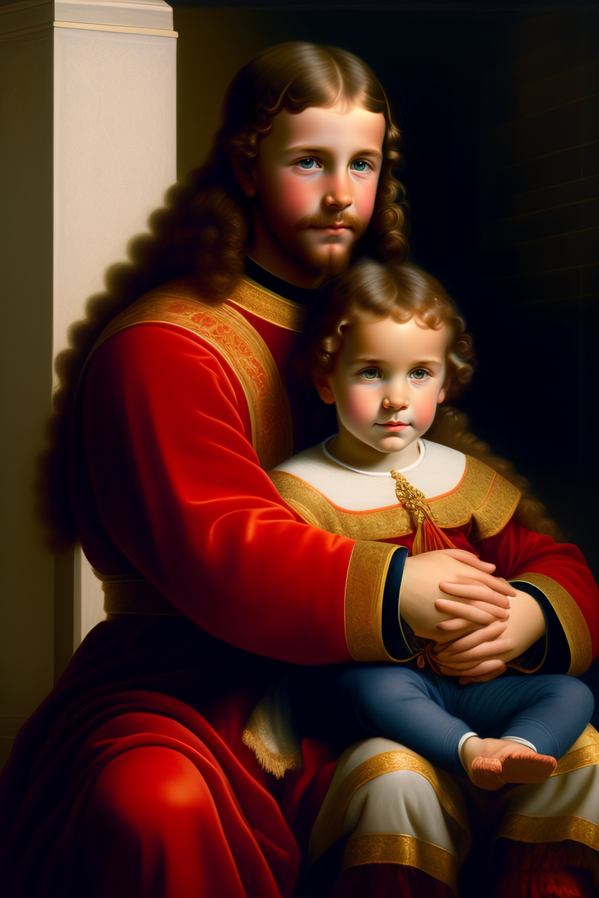 Lexica - Portrait of a child sitting in the lap of Jesus Christ
