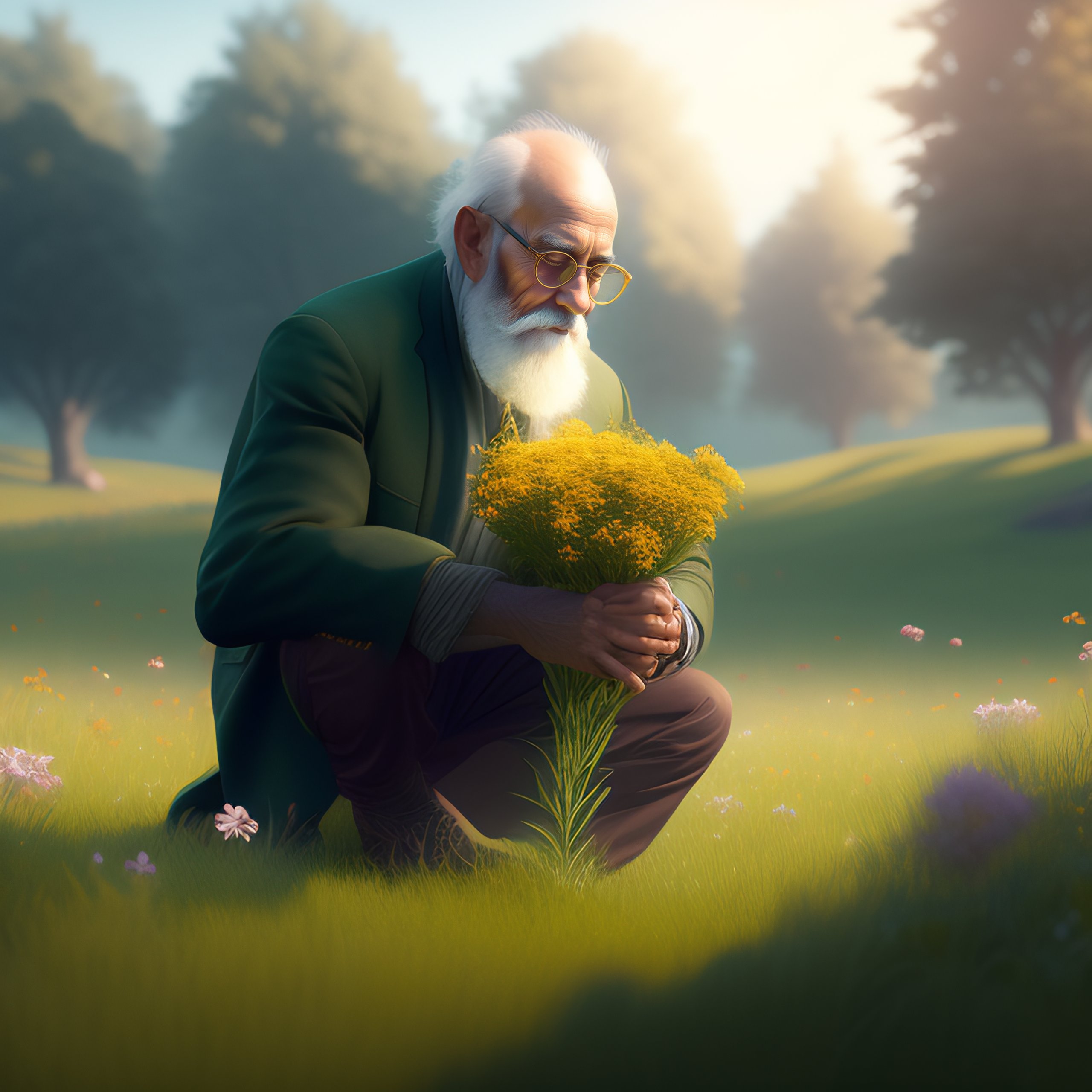 Lexica - Old yogi on a green meadow with flowers, ultra realistic ...