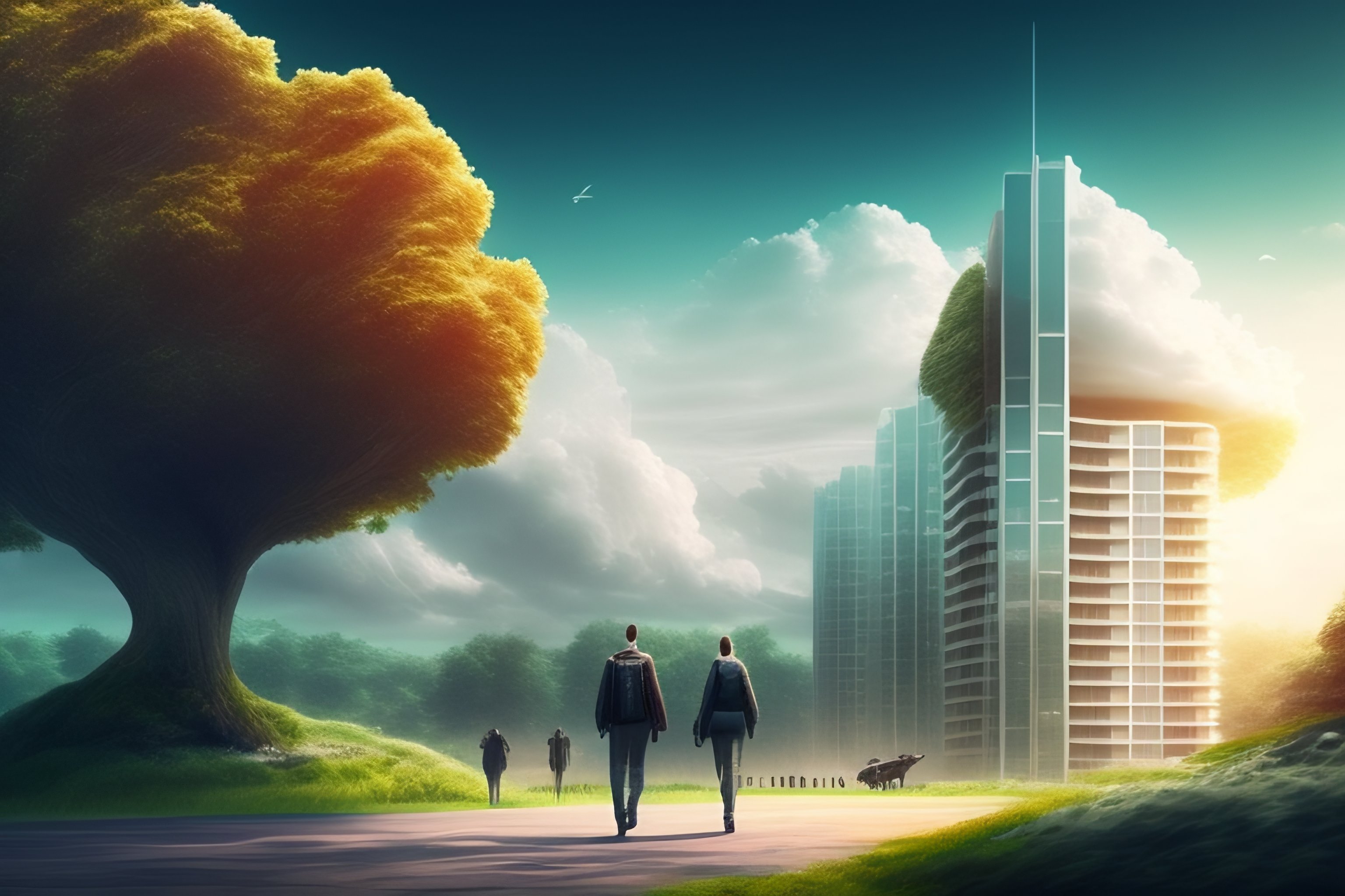 Lexica - Happy humans in the background, future of the world, dystopia ...