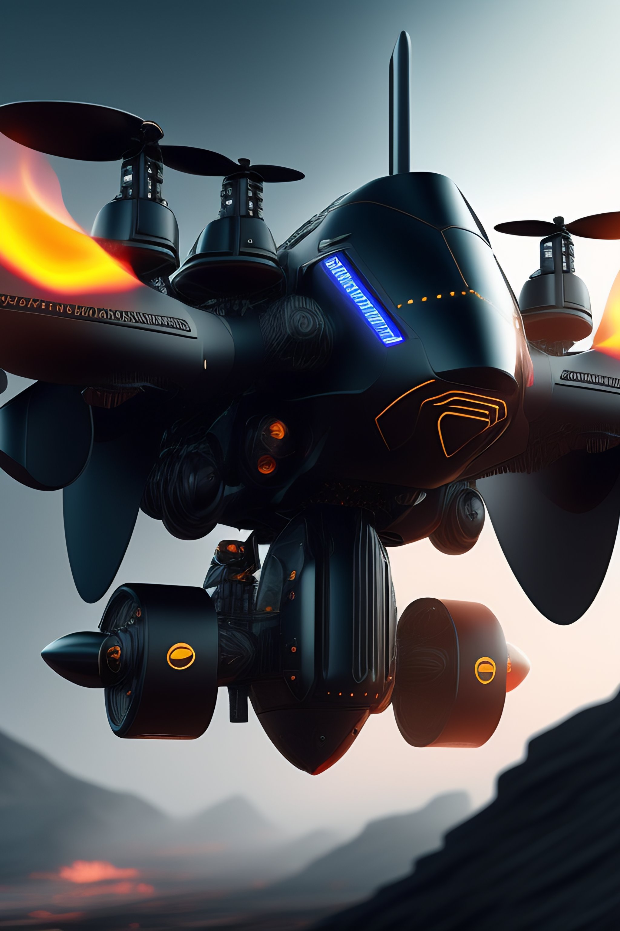 Lexica - Black mini cyber military drone , background war , fire man ...