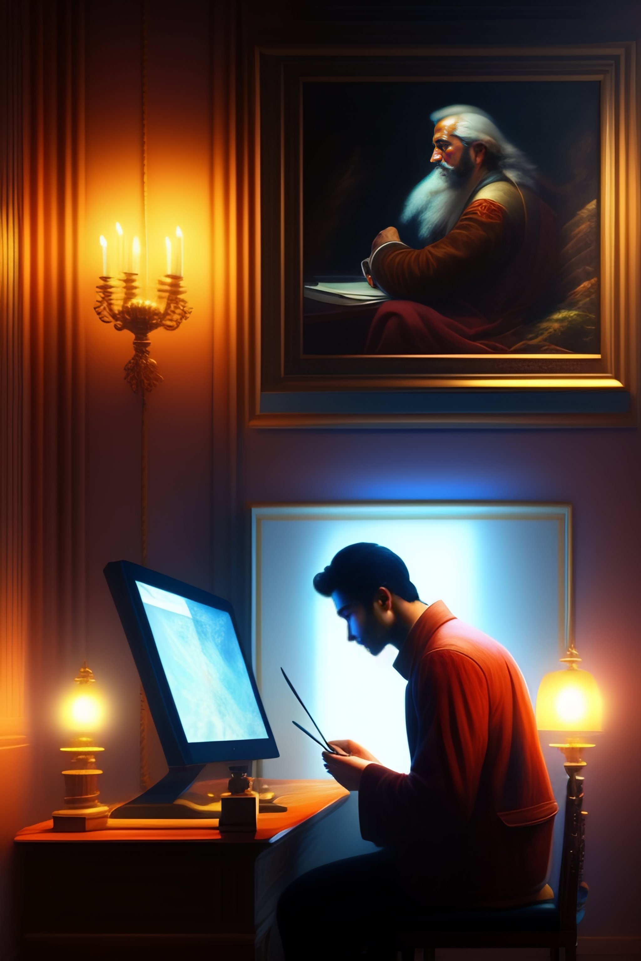 Lexica - Beautiful man typing email with a painting on the wall by ivan ...