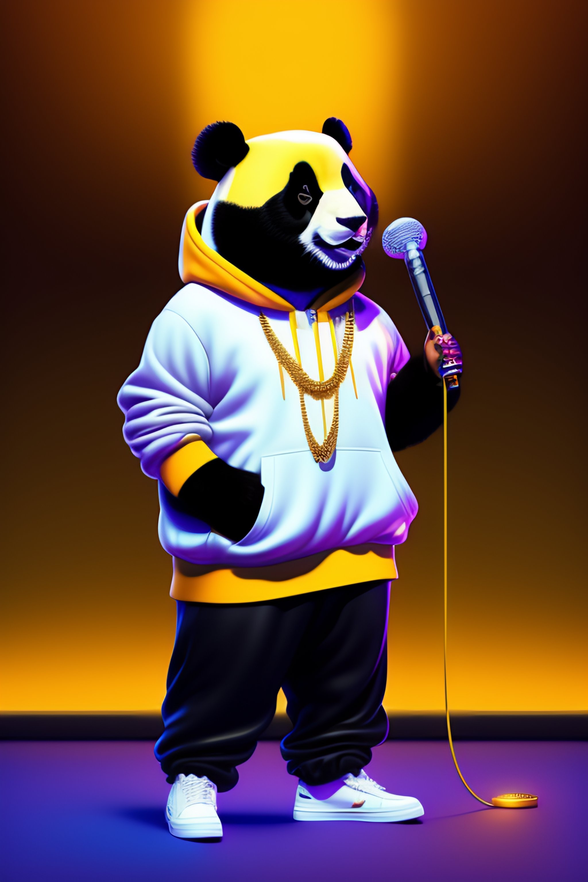 Lexica - Panda bear with sweatshirt, wide pants, singing with a ...