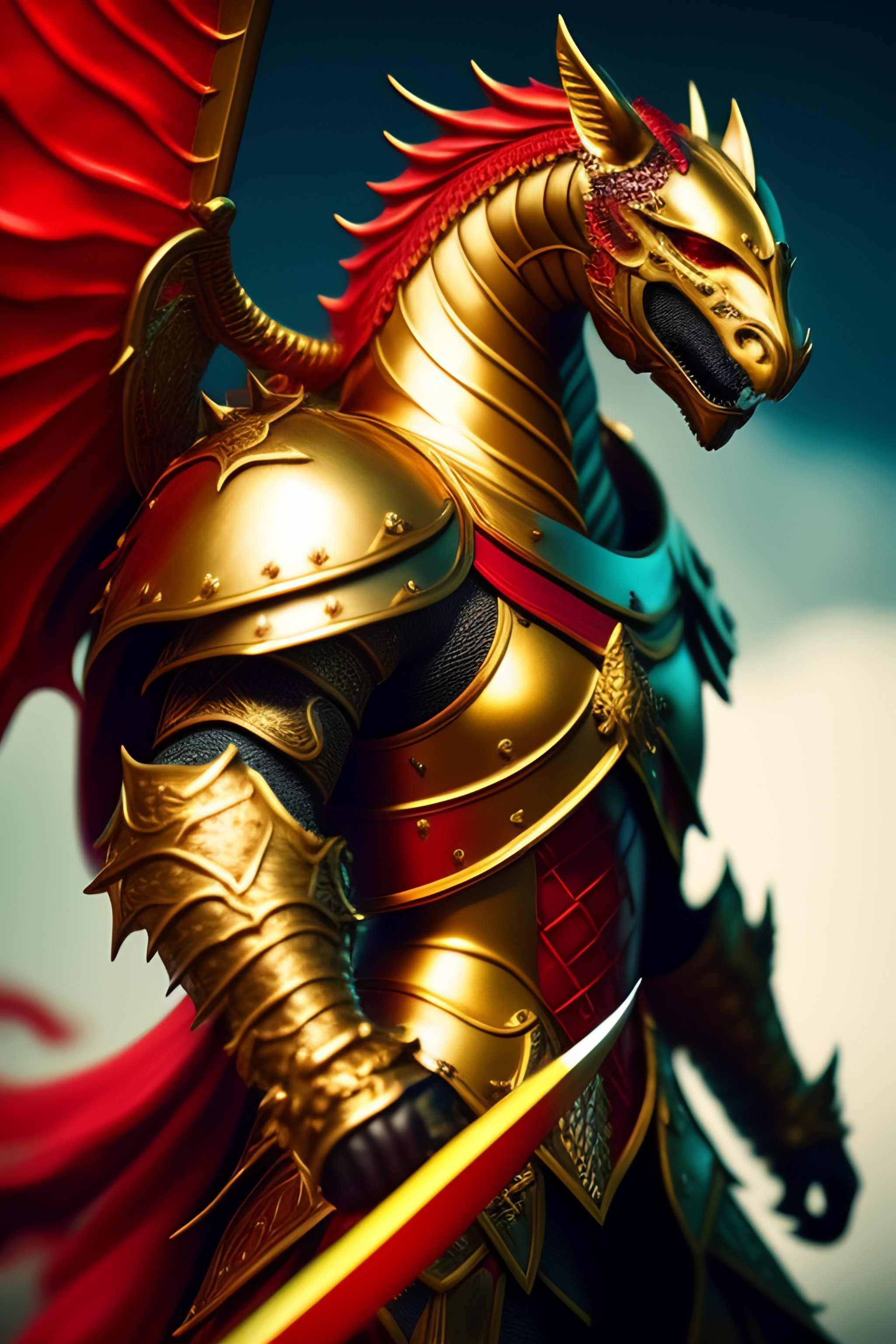 Lexica - Golden knight red dragonian using sword