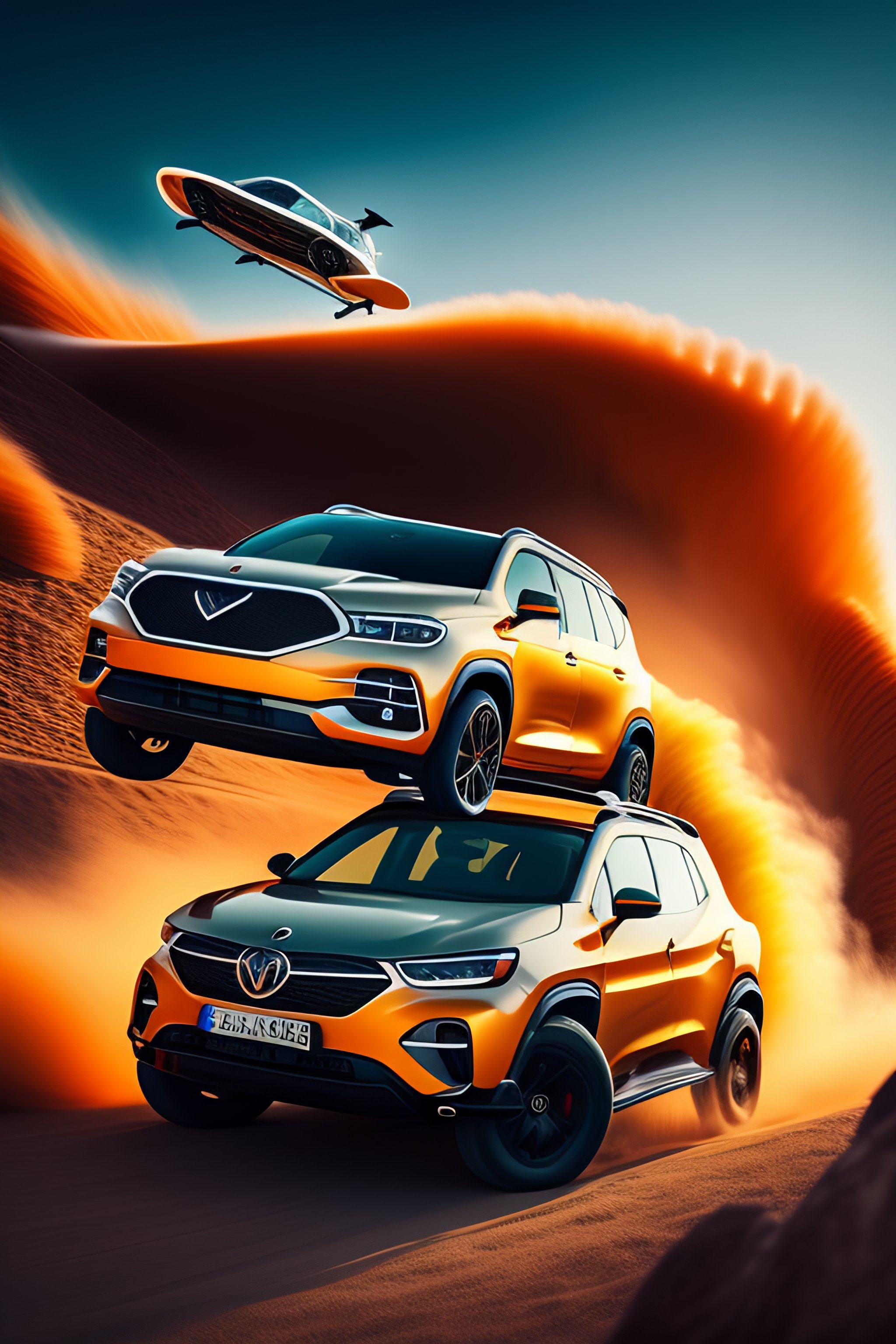 Lexica - A flying SUV passing trough a metropolitan area