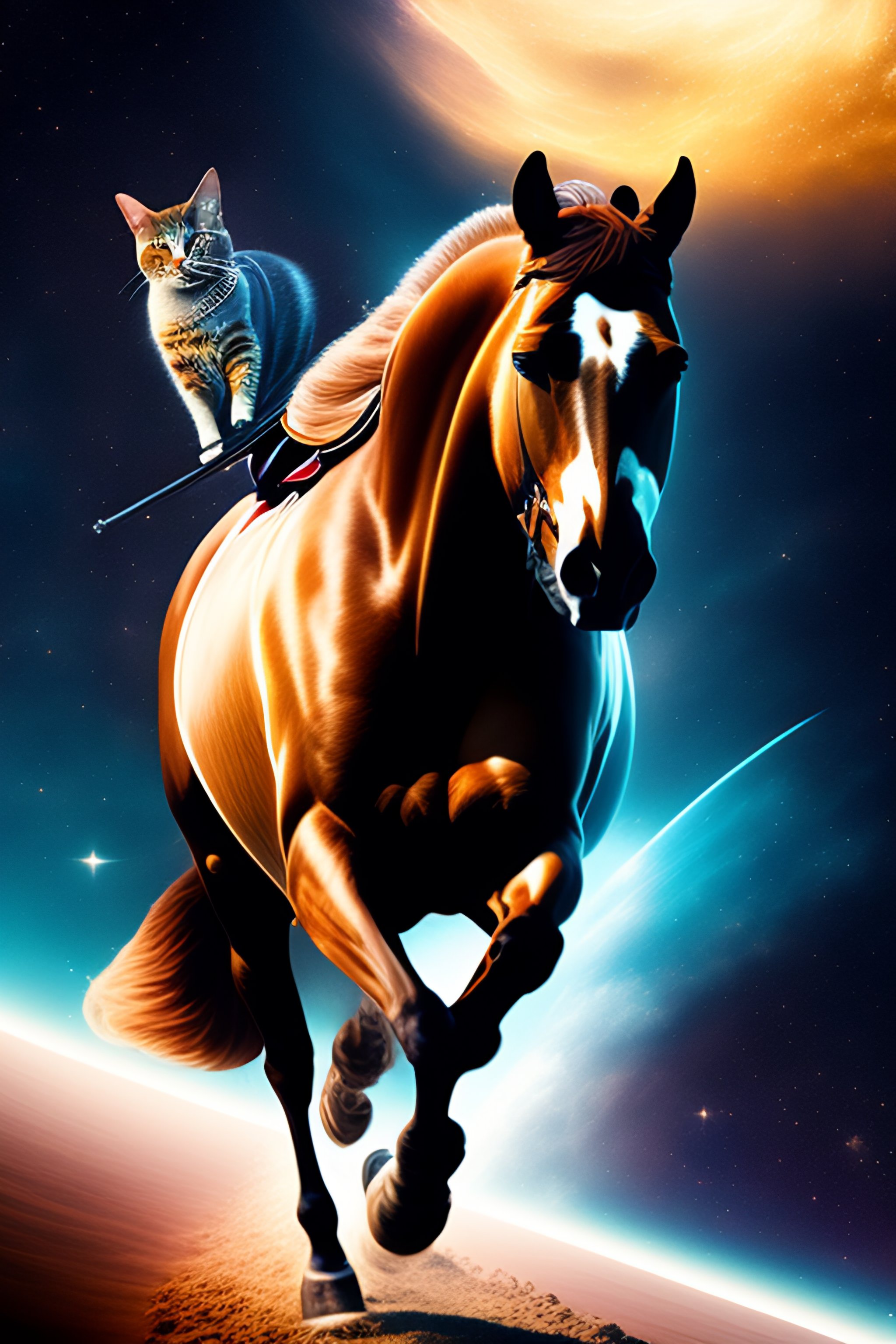 Lexica - Cat riding a horse in space, hyper-realistic