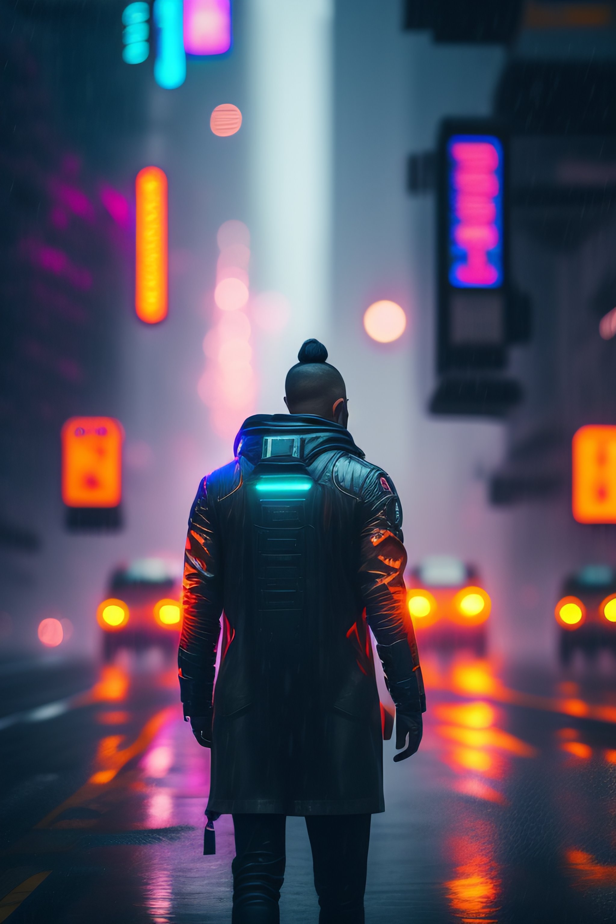 Lexica - Half cyborg, full body, in heavy rain, open road, neon lights ...