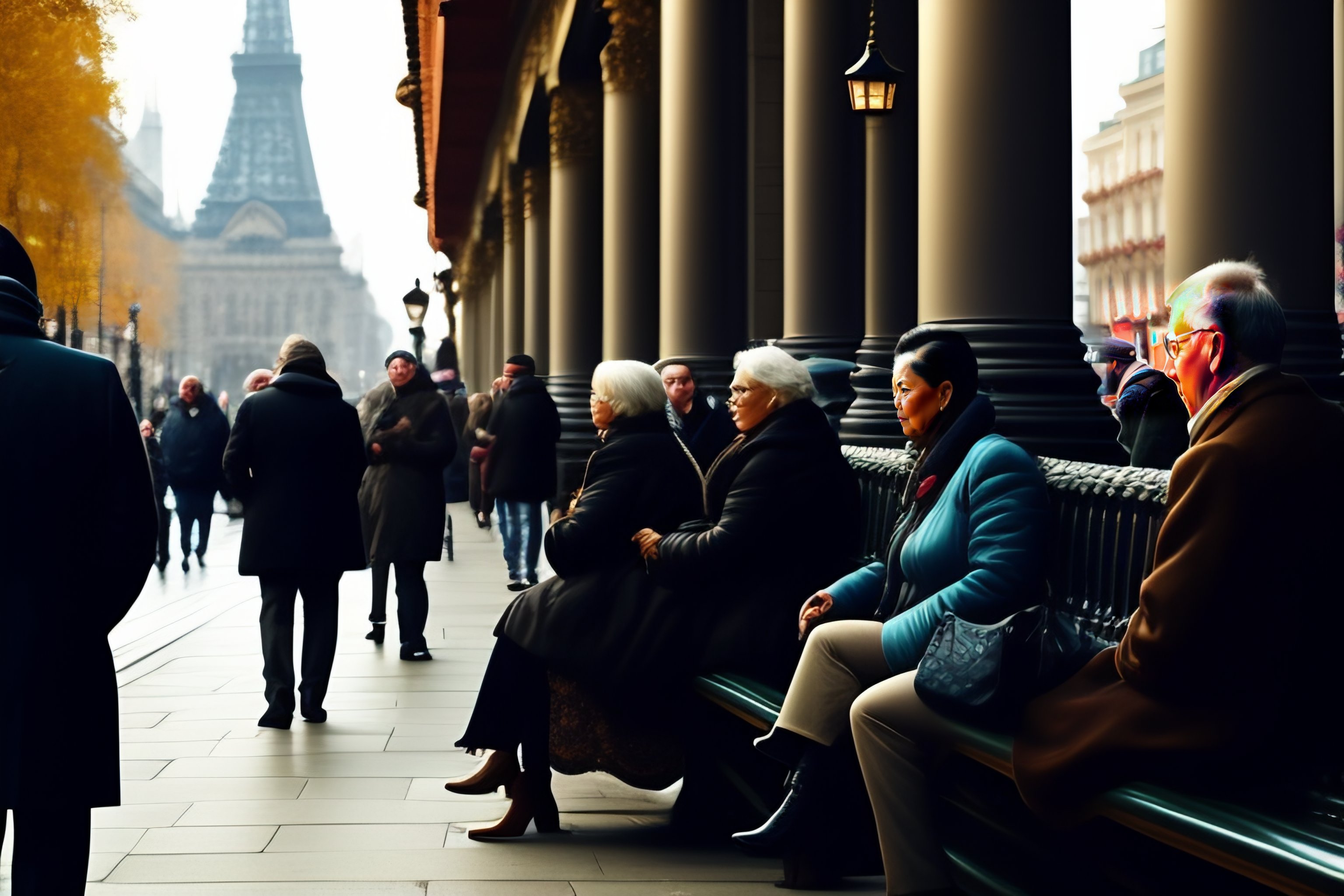 Lexica - A grand, ornate bench in the middle of a bustling city square ...