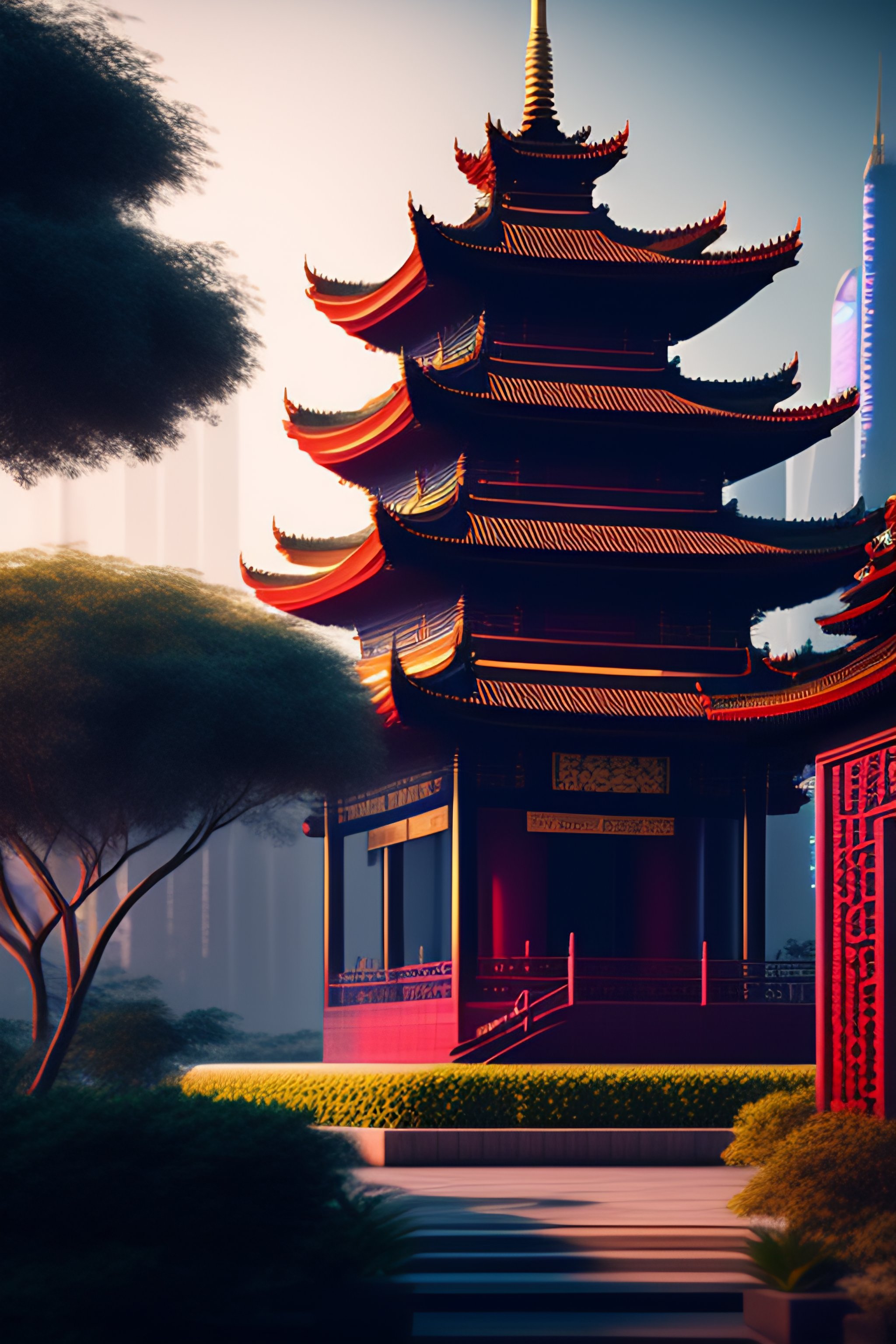 Lexica - Chinese style temple in front of cyberpunk skyscrapers, hyper ...